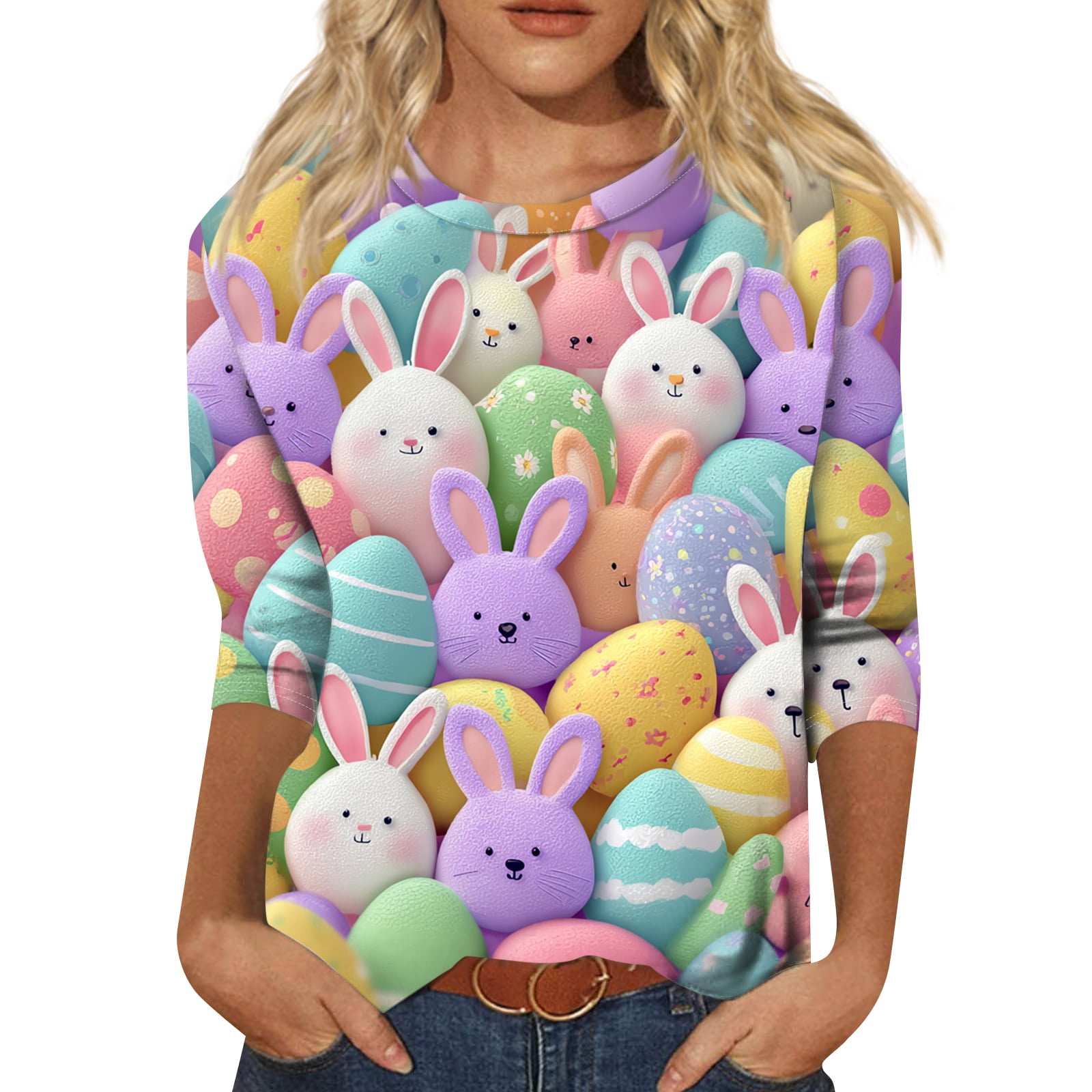 KDDYLITQ Women Easter Tops Crew Neck 3/4 Length Sleeve Egg Rabbit ...