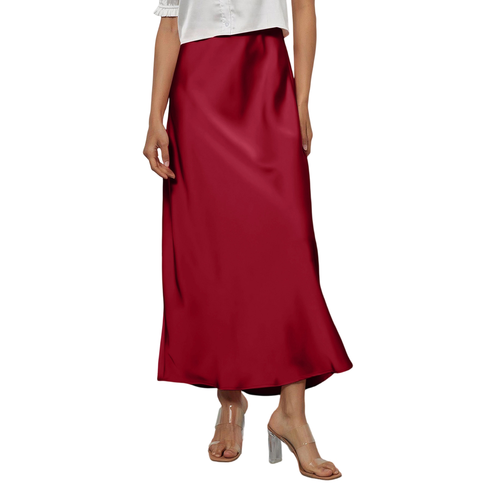 KDDYLITQ Women's Satin Skirts Flared High Waisted Maxi Skirt Silk ...