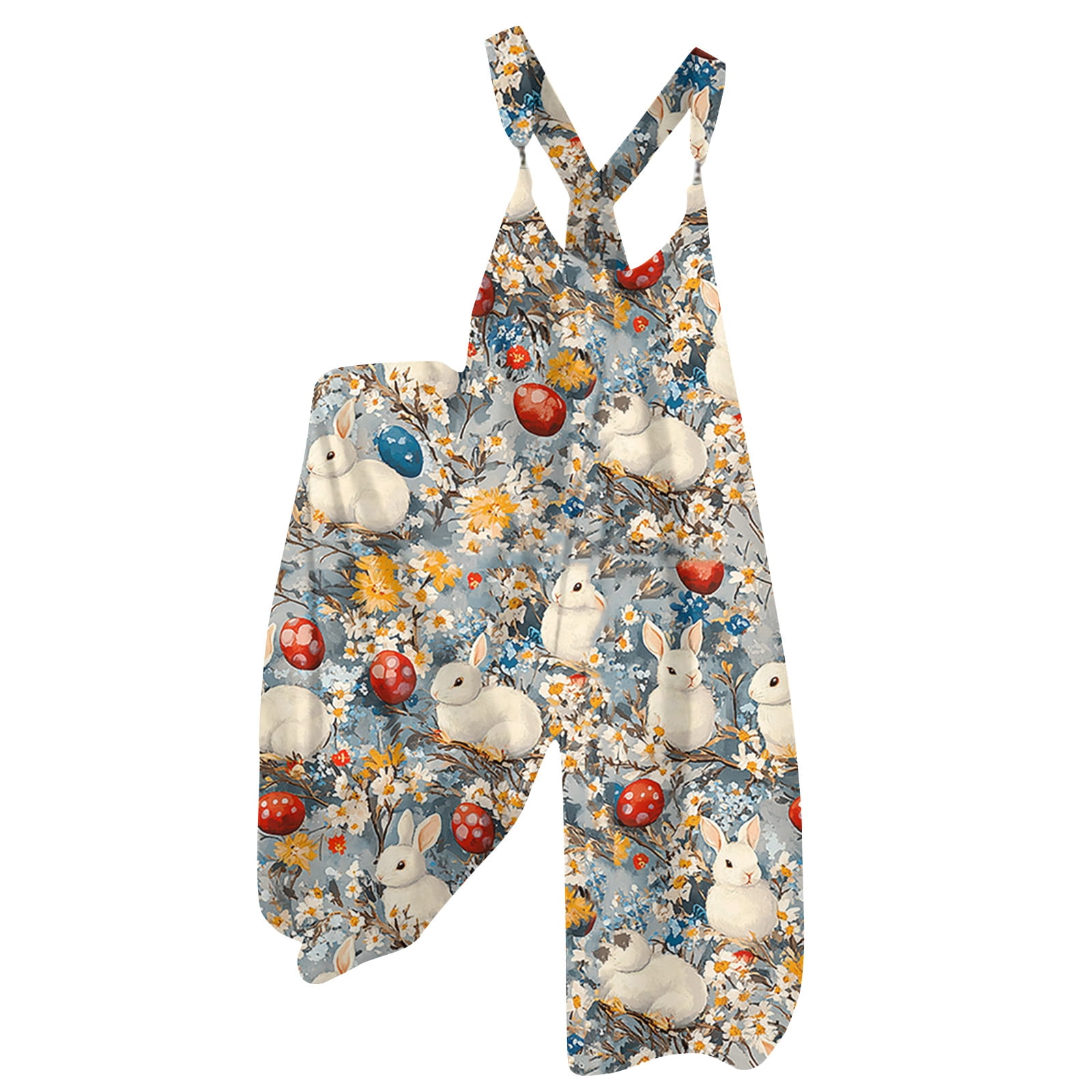 KDDYLITQ Womens Easter Jumpsuit Floral Bunny Print Crisscross Straps ...