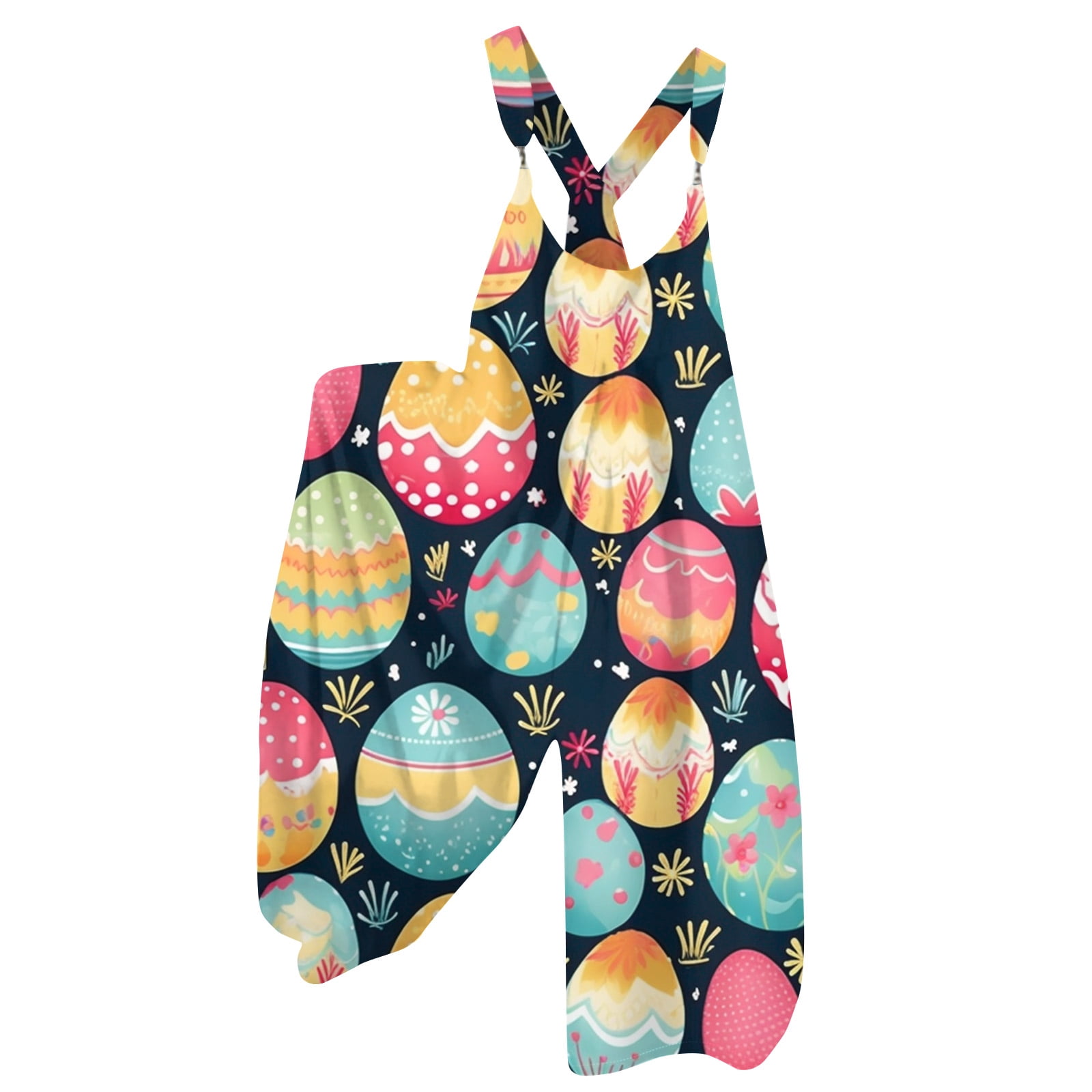 KDDYLITQ Womens Easter Overalls Bunny Eggs Crisscross Straps U Neck ...