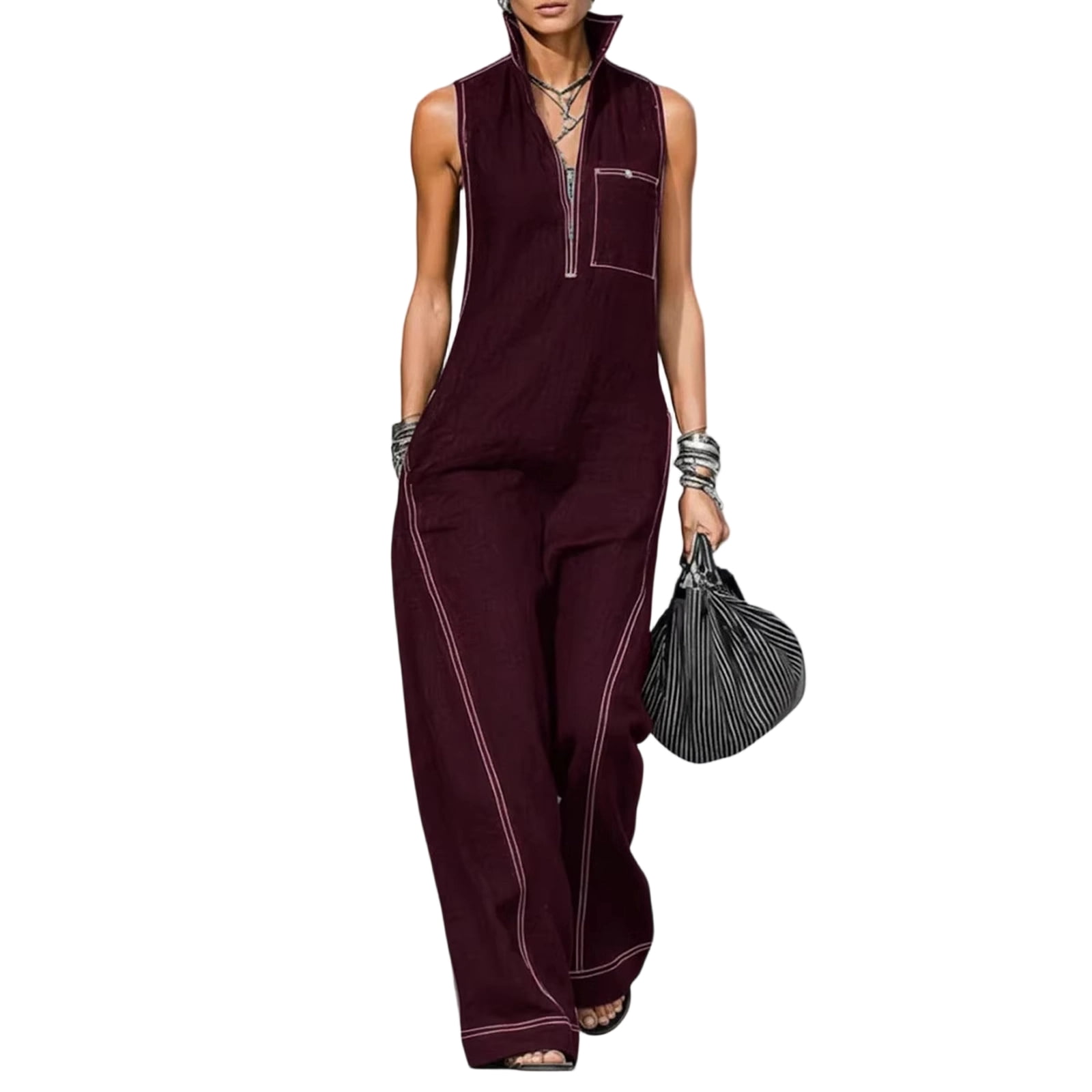 KDDYLITQ Womens Jumpsuit Sleeveless Stand Collar Wide Leg Rompers ...