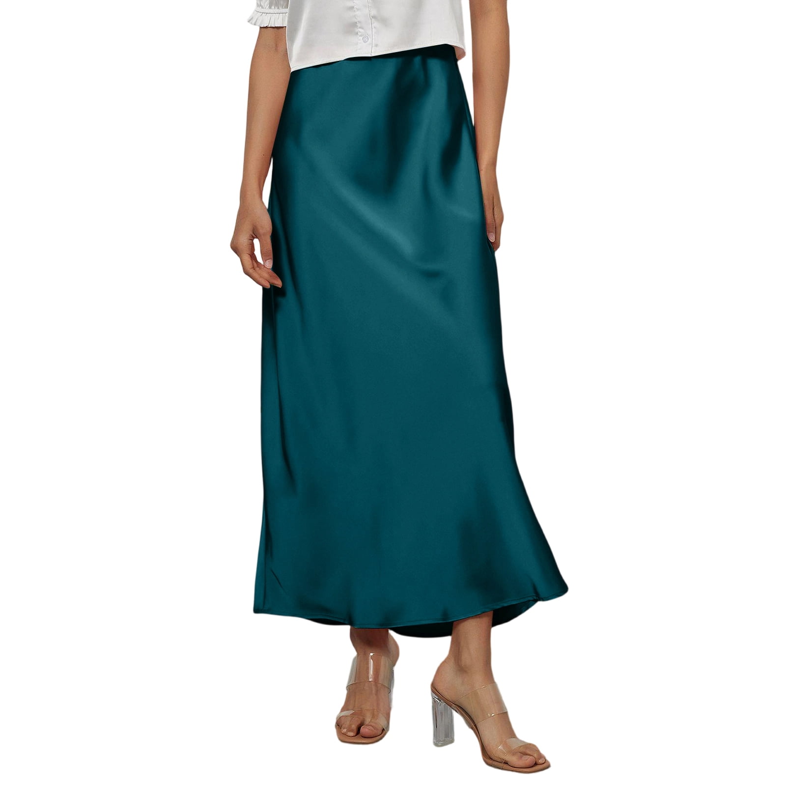KDDYLITQ Womens Satin Maxi Skirt a Line Elastic Waistband Skirts Silk ...