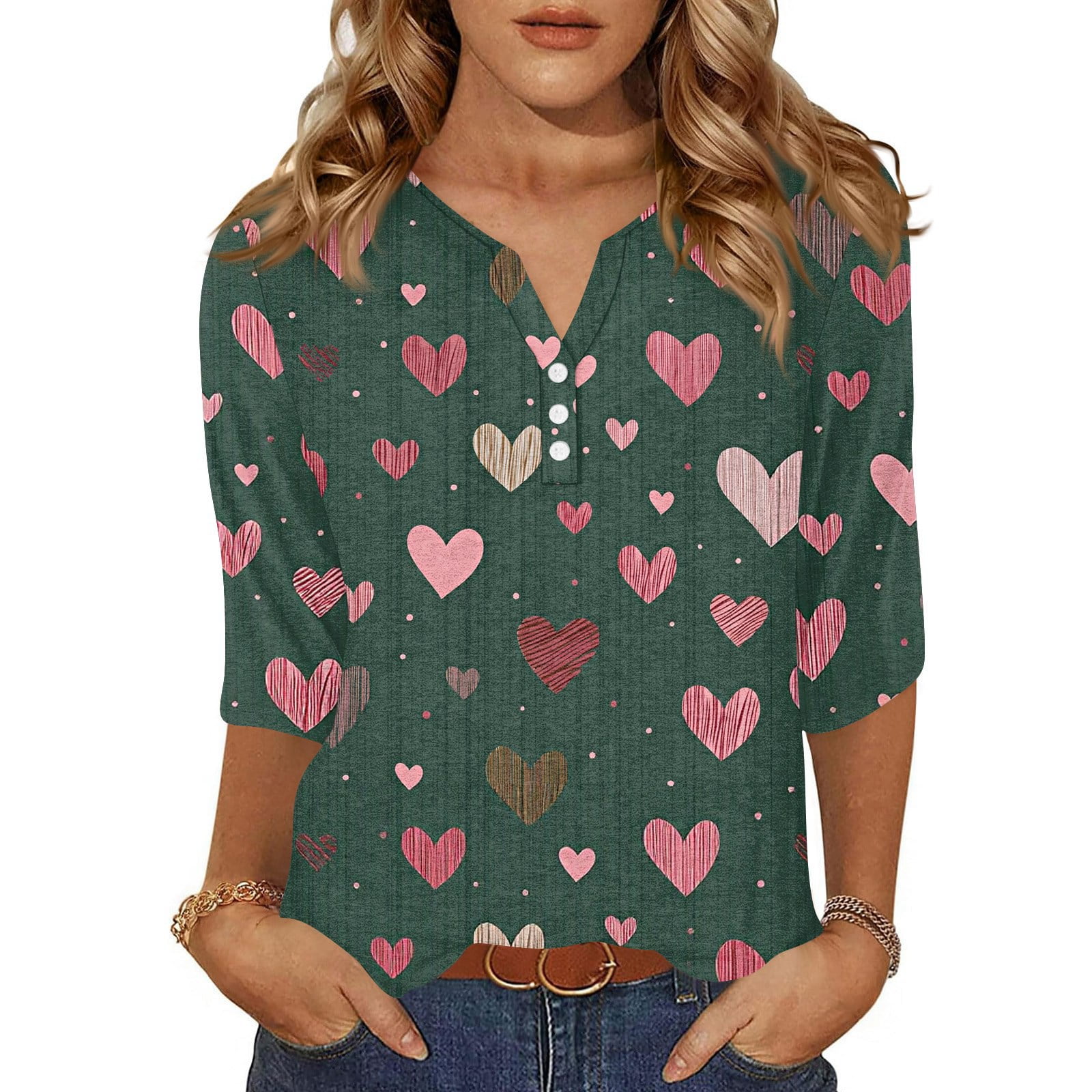 KDDYLITQ Womens Valentine Shirts Henley Neck Three Quarter Sleeve Tops ...