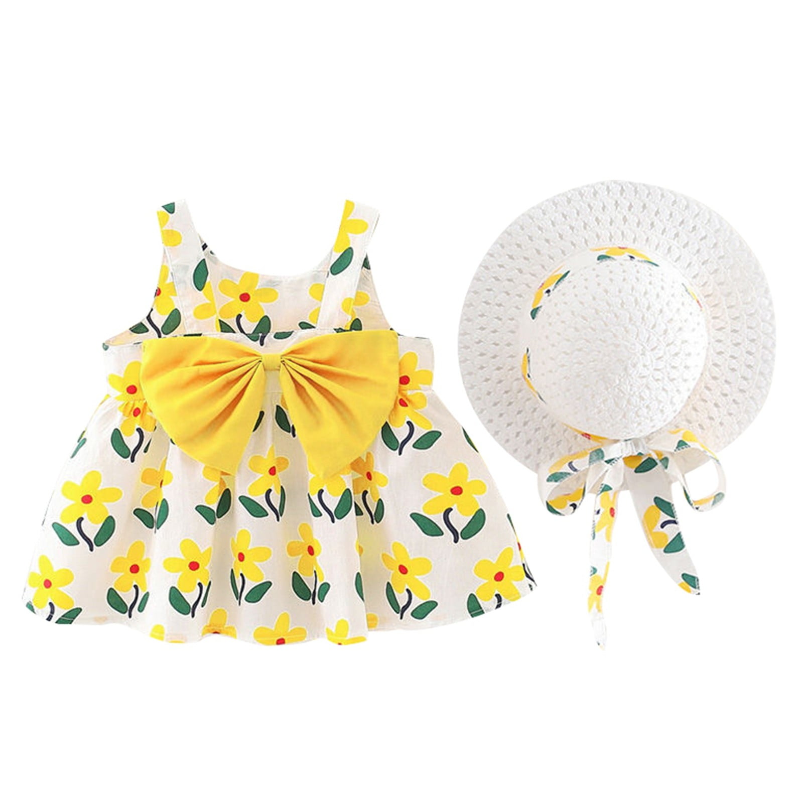 KDFJPTH Cute Sweet Flower Print Summer Princess Dresses With Straw Hat ...
