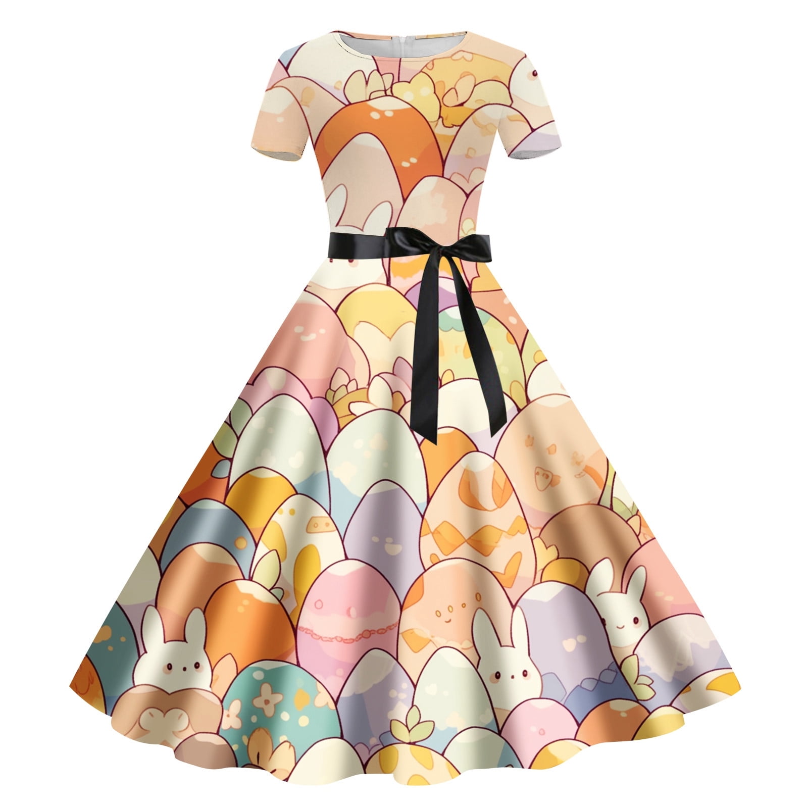 KDFJPTH Dresses for Women 2024 Elegant 2024 Sexy Easter Printed Round Neck Short Sleeve Retro (1 ...