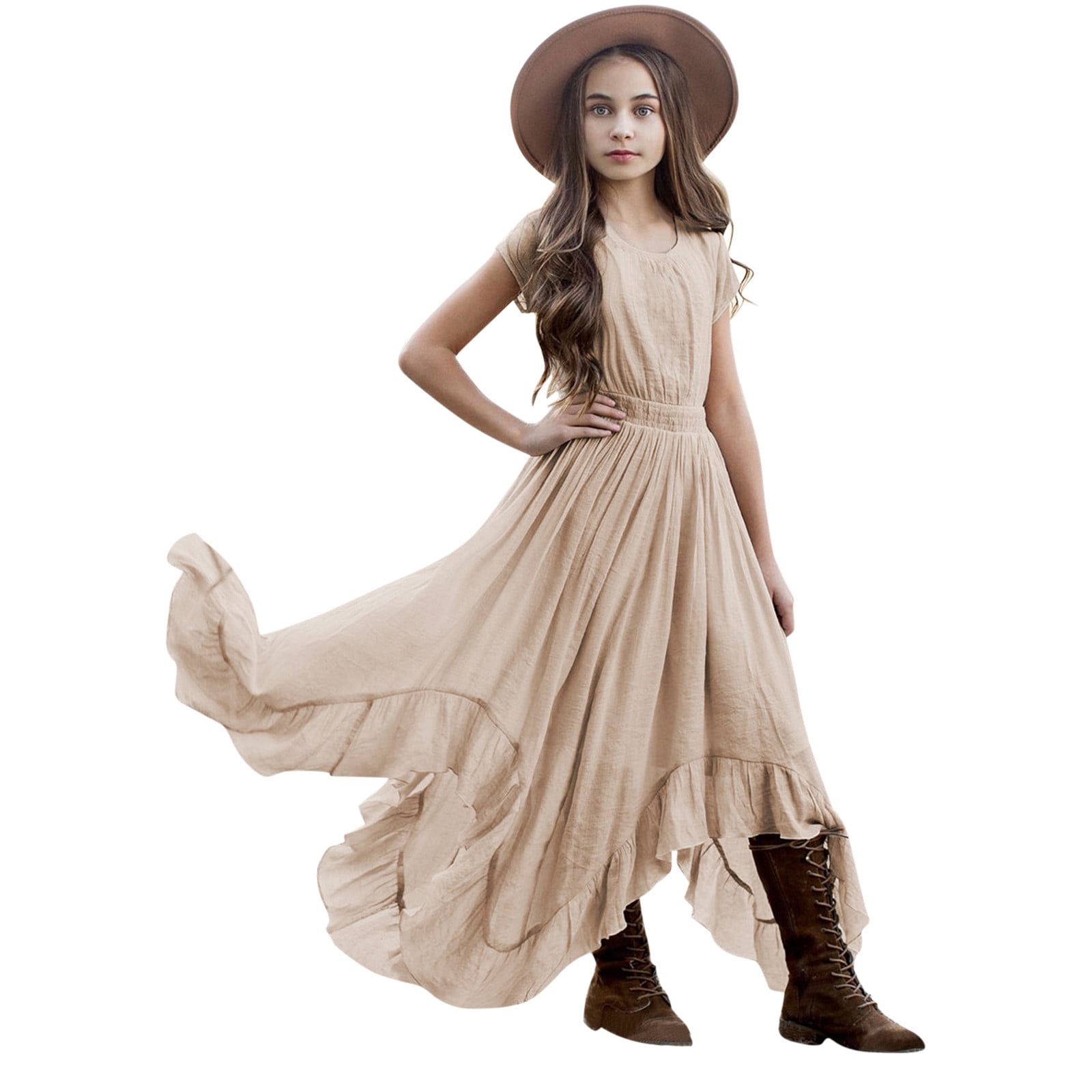 KDFJPTH Kids Little Girls Vintage Dress Solid Short Sleeve Swing Retro ...