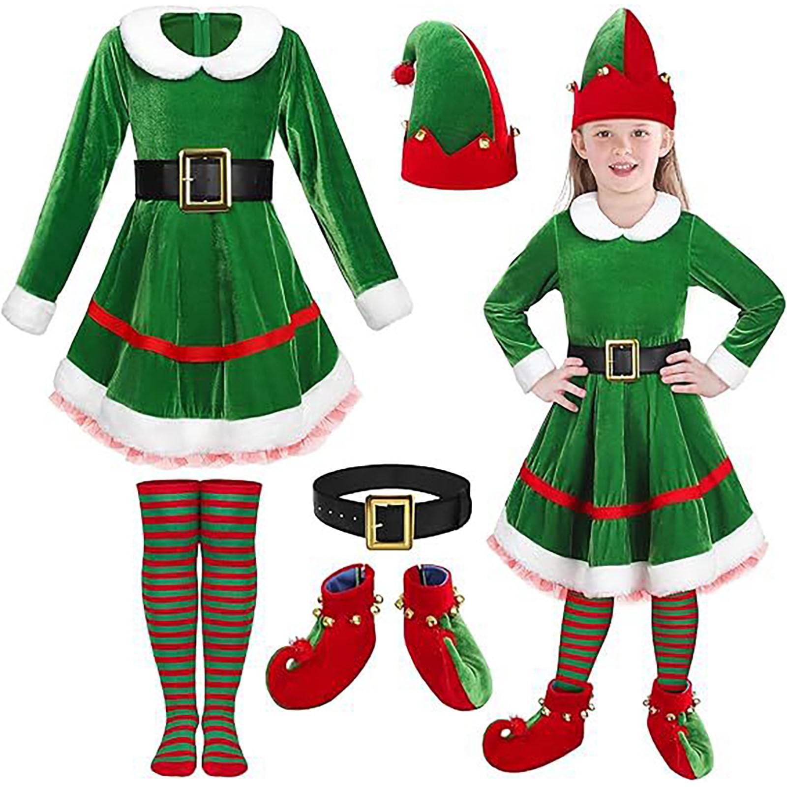 KDFJPTH Little Girls Outfit Sets Christmas Elf Dress Elf Velvet Dress ...