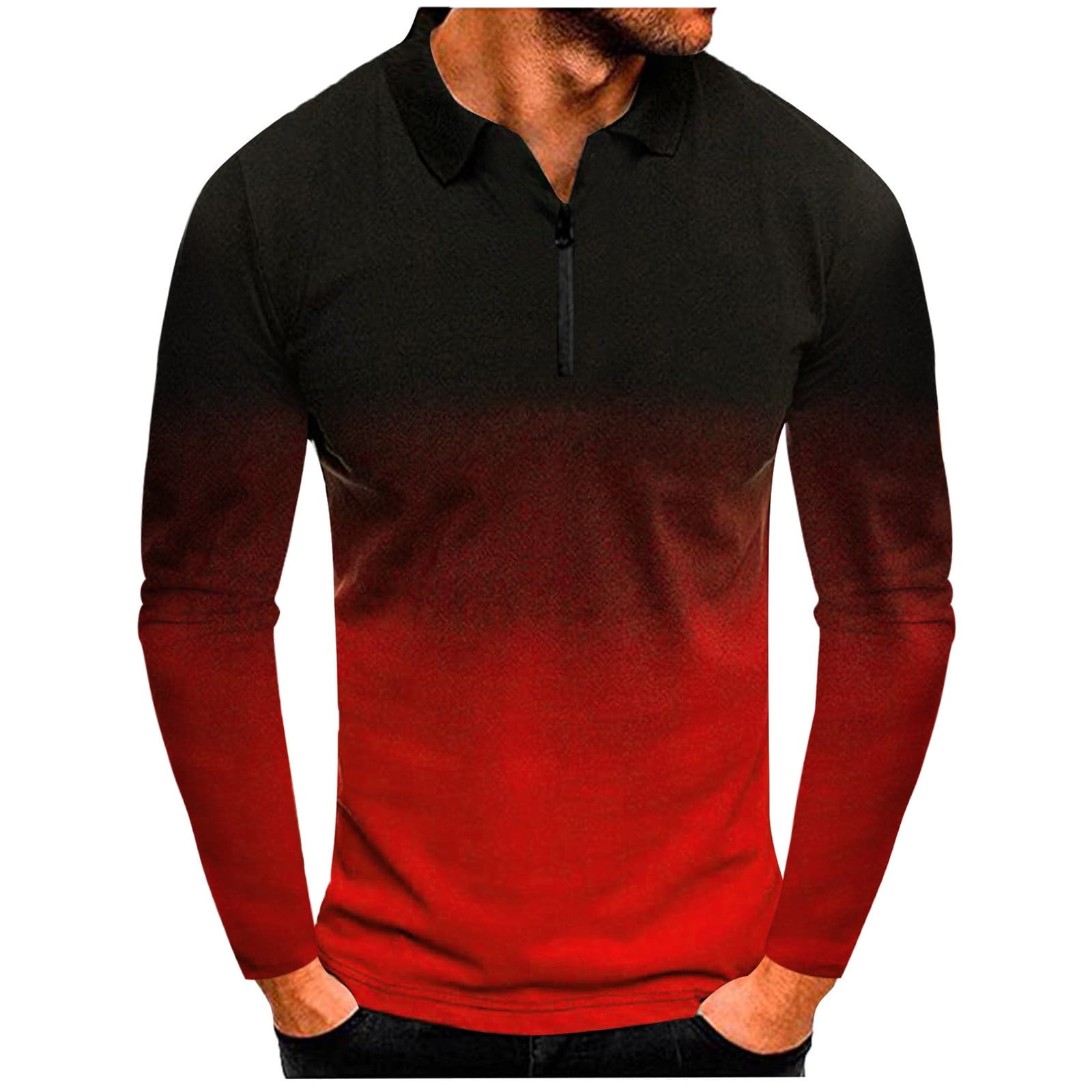 Mens Polo Shirt, Long Sleeve, Collar Tops, Red, XL, Casual Sports T ...