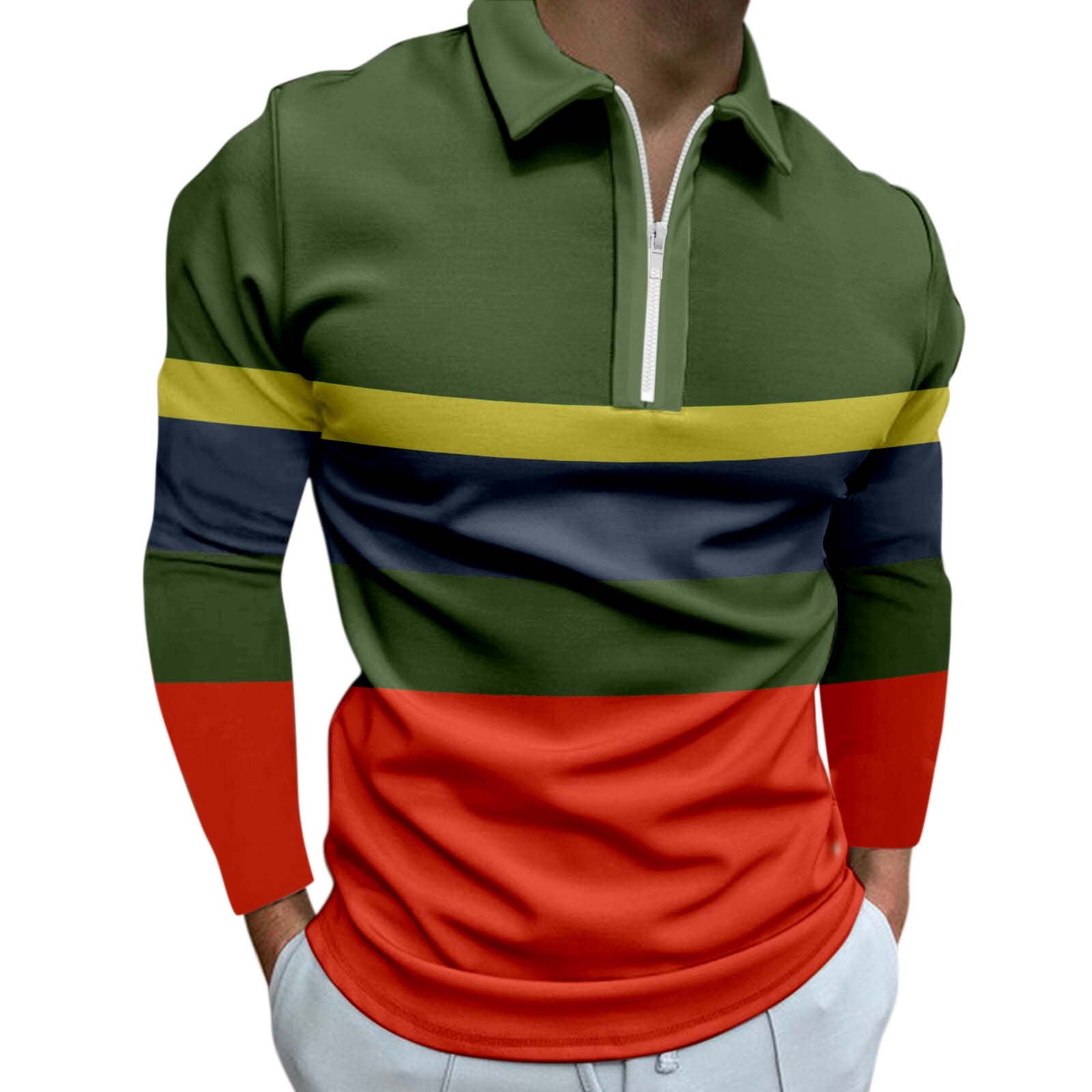Men's Polo Shirt, Long Sleeve, Splice Color Print, Turn Down Collar ...