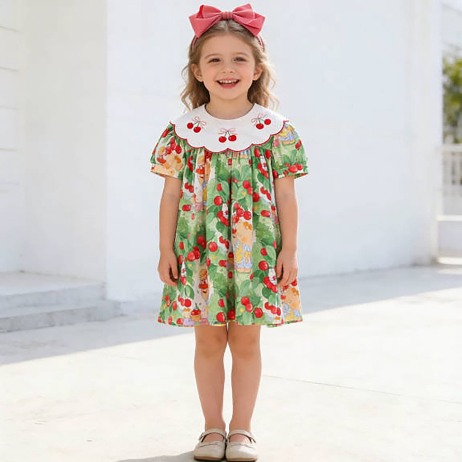 KDFJPTH Summer Dresses for Girls Cherry Embroidery Collar Floral ...