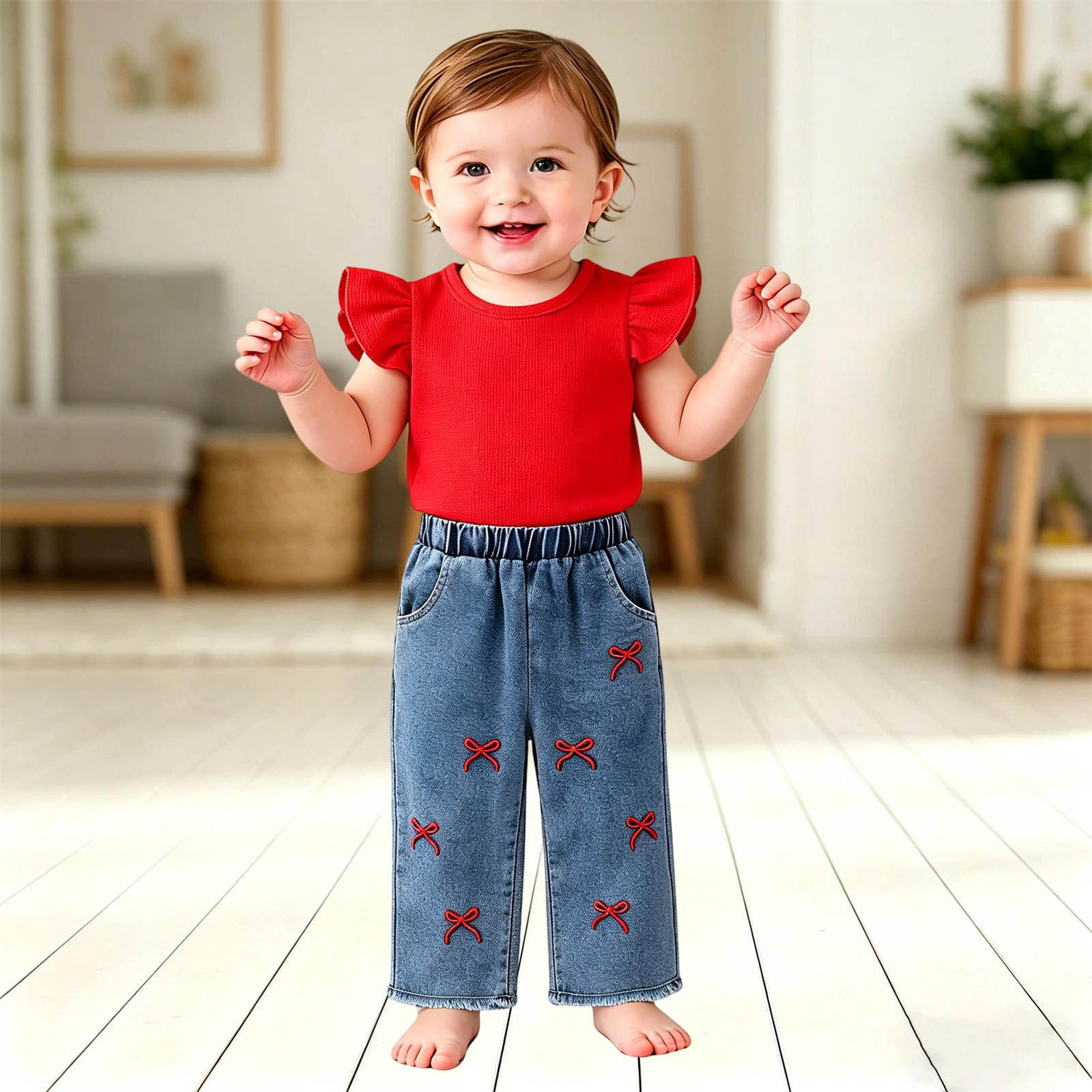 KDFJPTH Toddlers Outfits Sets Summer Girls' Red Flying Sleeve Top Denim ...