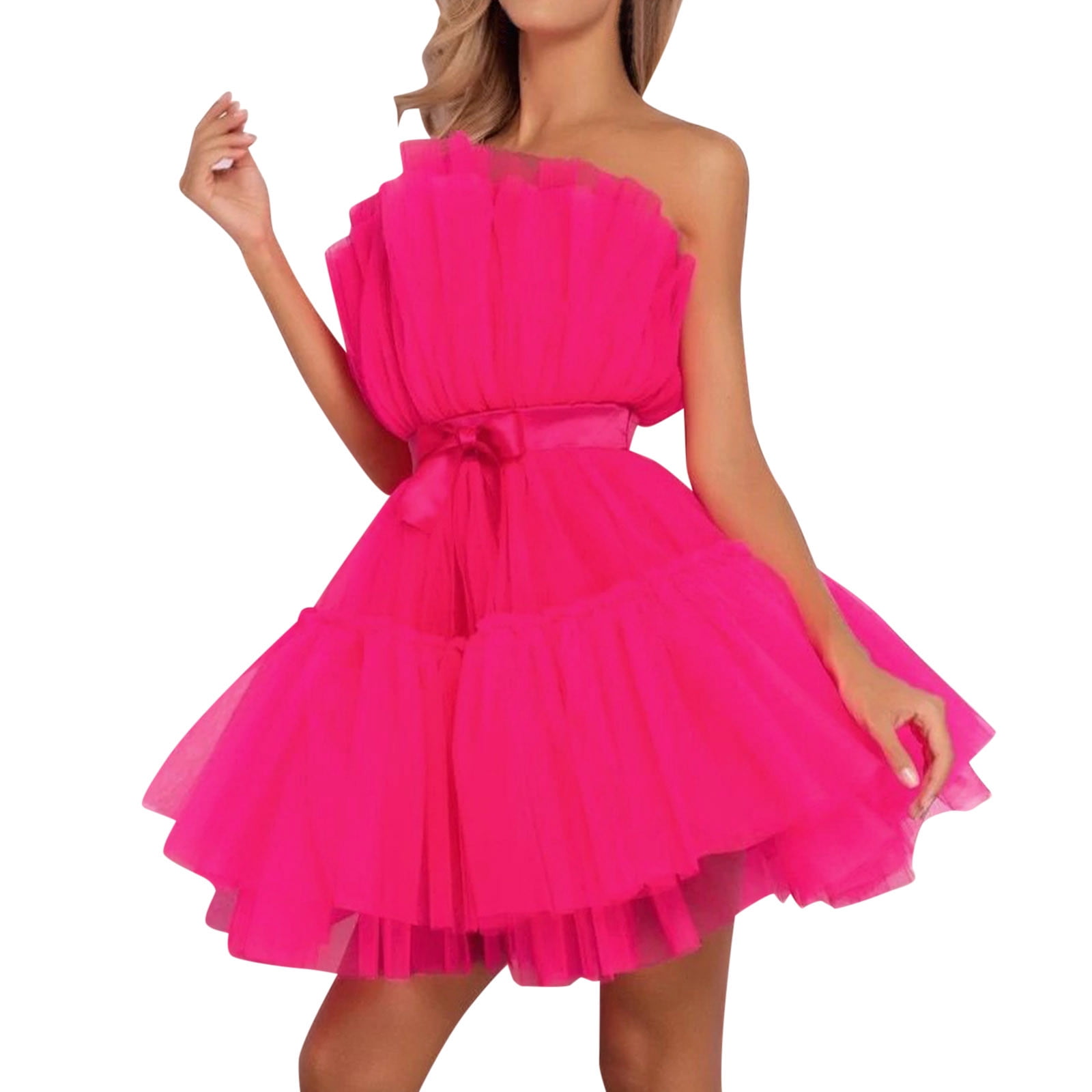 KDFJPTH Tulle Dress Women Short Puffy Prom Dress Strapless Mesh ...