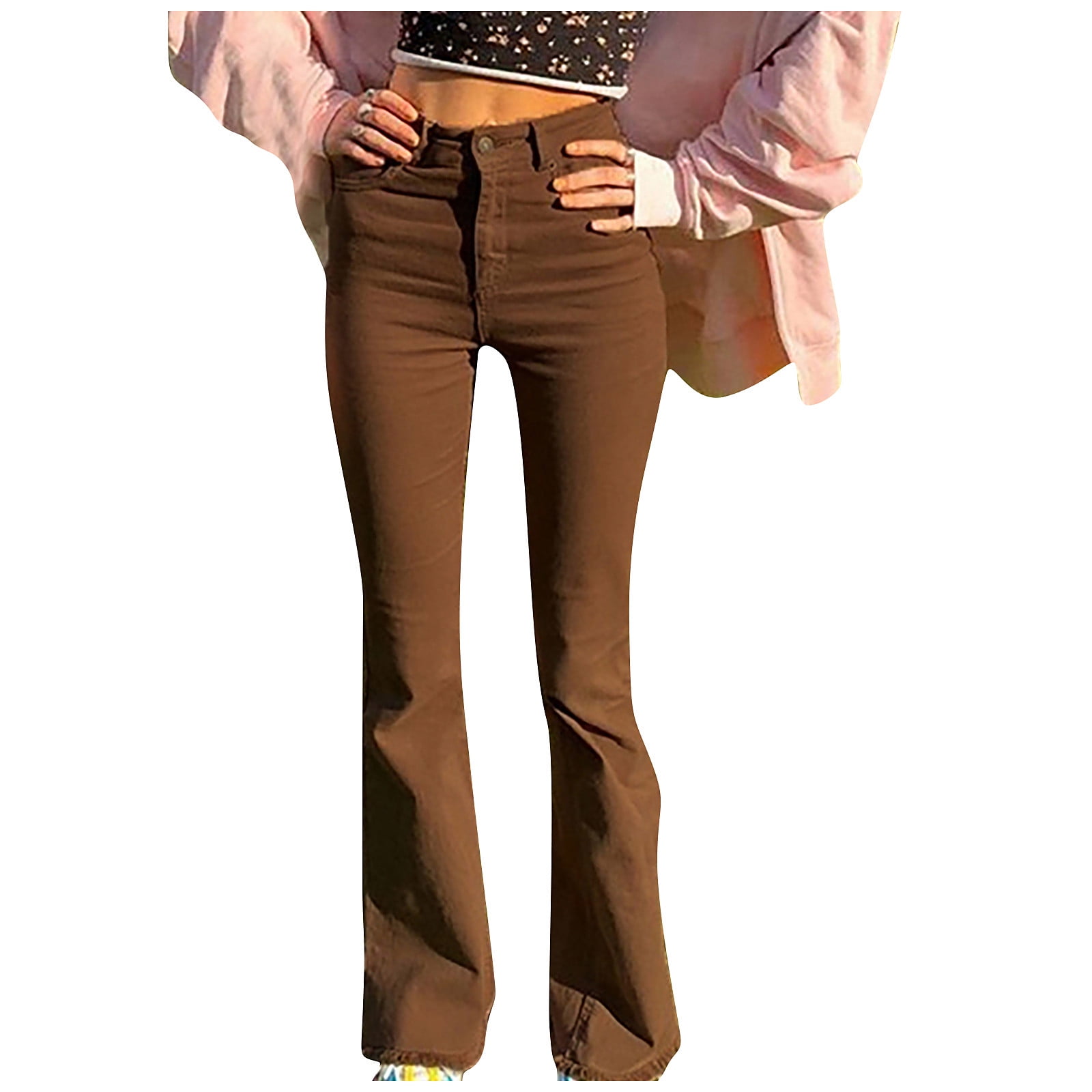 KDFJPTH Wide Leg Jeans for Women High Rise Flare-Leg Jean Solid Brown S ...
