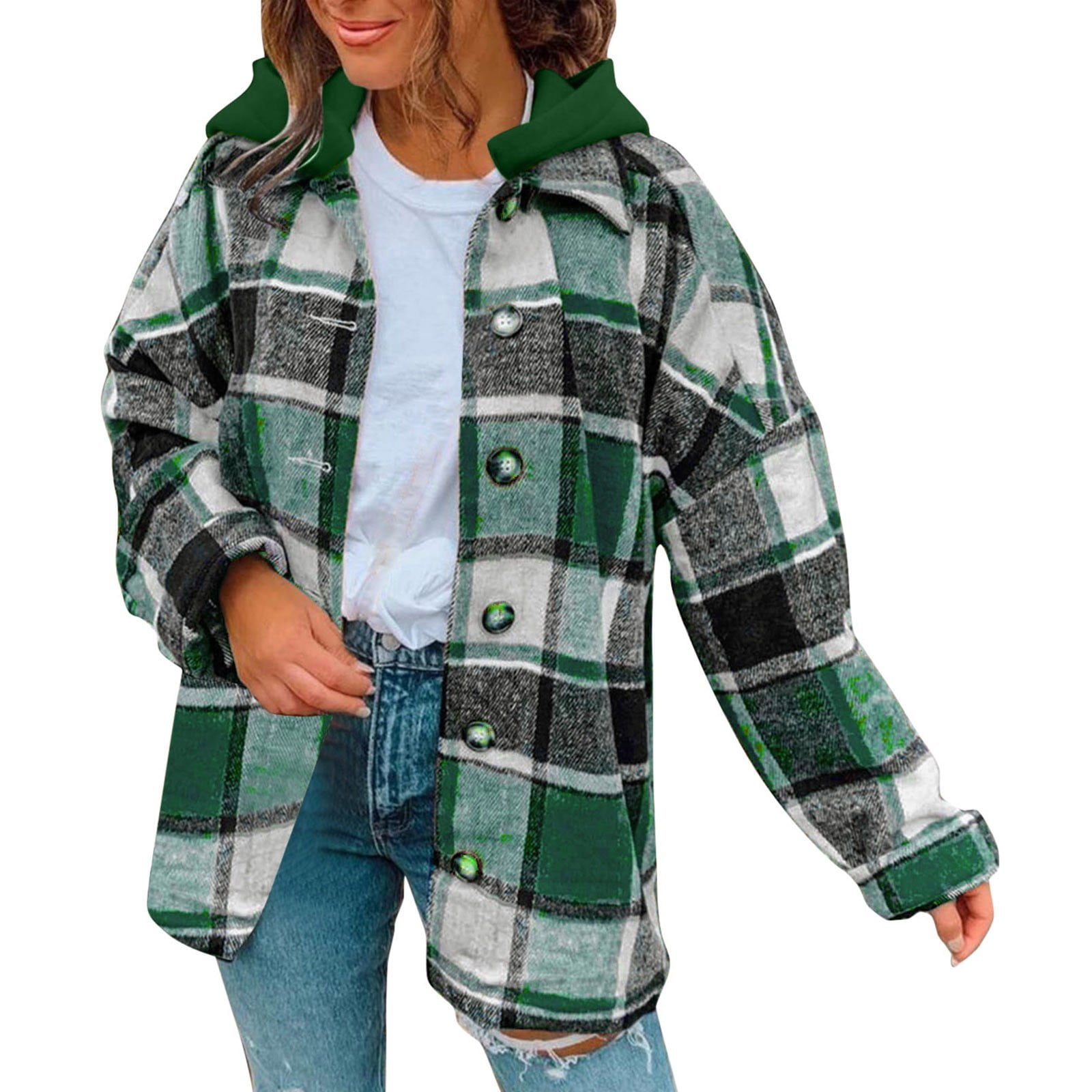 Women's Long Sleeve Button Down Plaid Flannel Hooded Shacket with Fleece Lining, Zip Up Fall ...