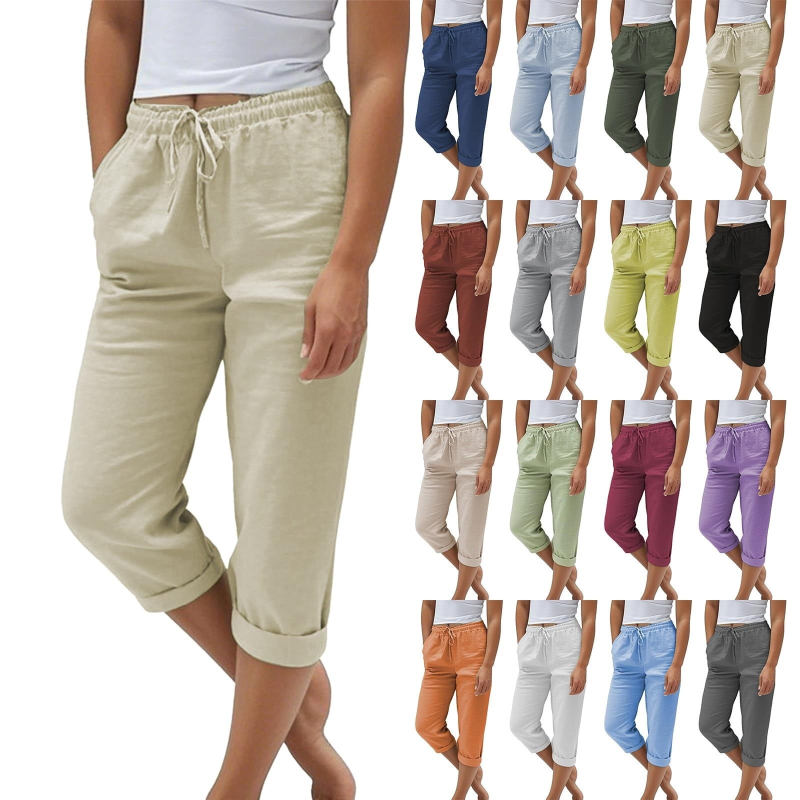KDFJPTH Women's Solid Cropped Pants Elastic Drawstring Waist Casual ...