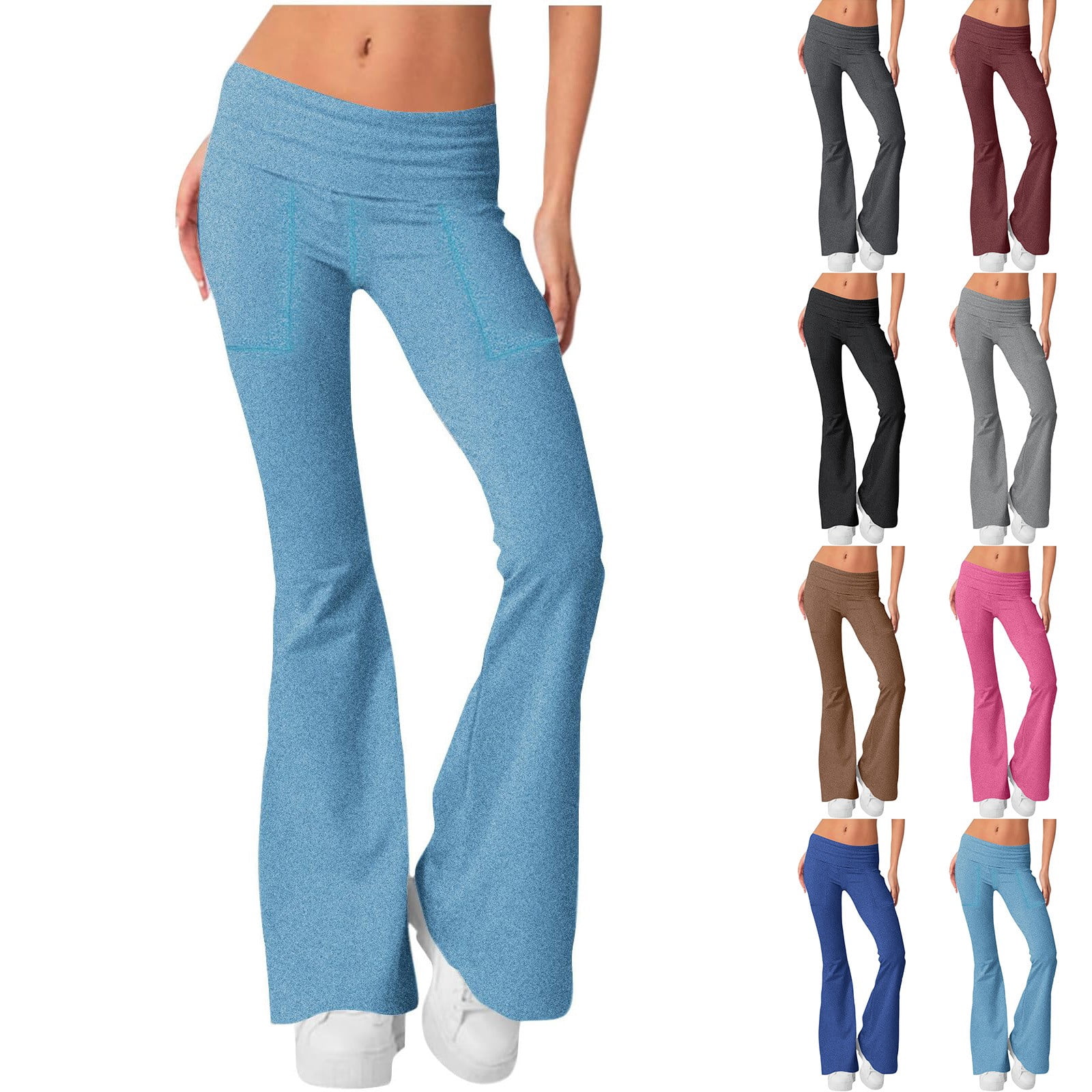 KDFJPTH Women's Solid Low-Rise Flare Pants High Stretch Bell Bottom ...