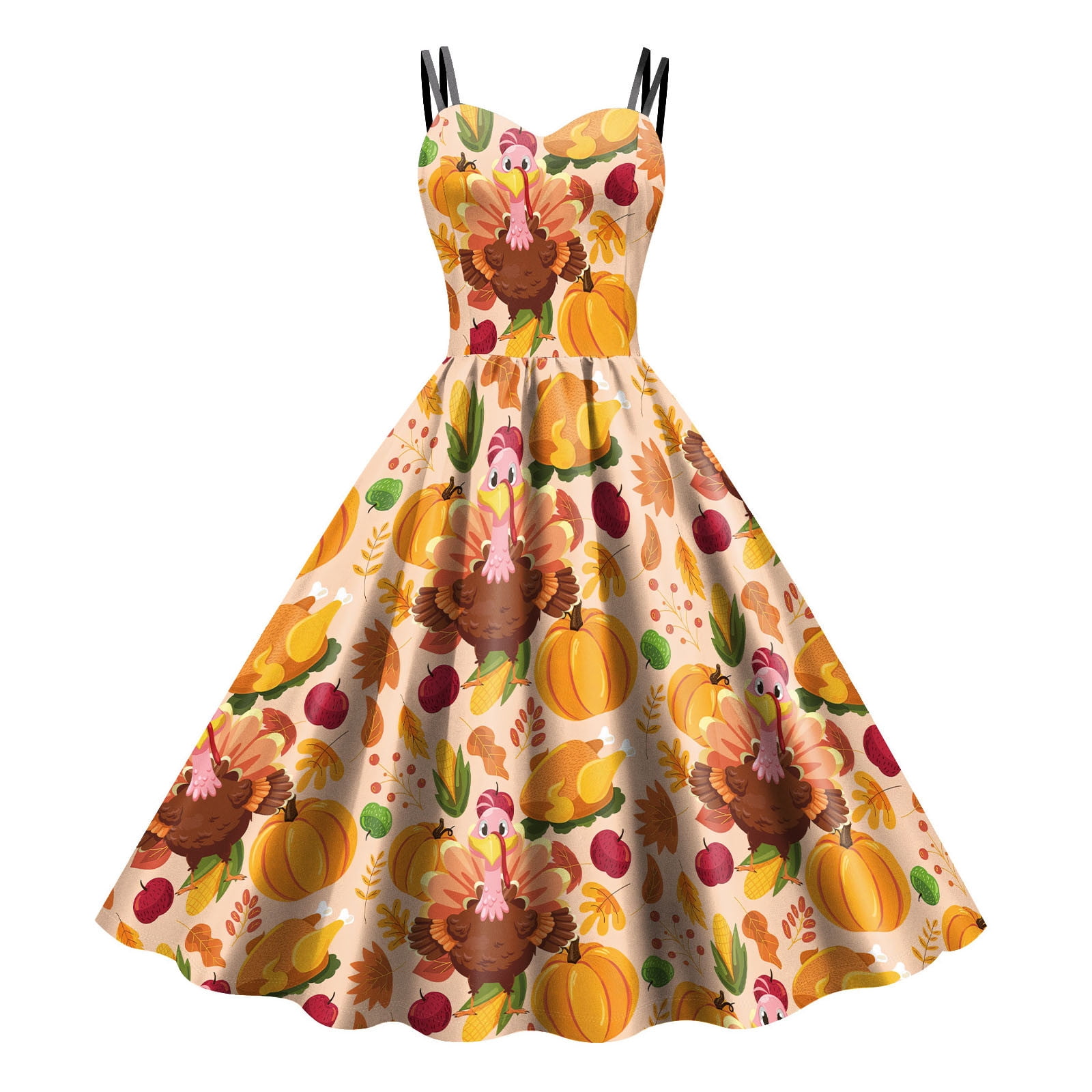 KDFJPTH Women's Thanksgiving Turkey And Pumpkin Print Halterneck Dress ...