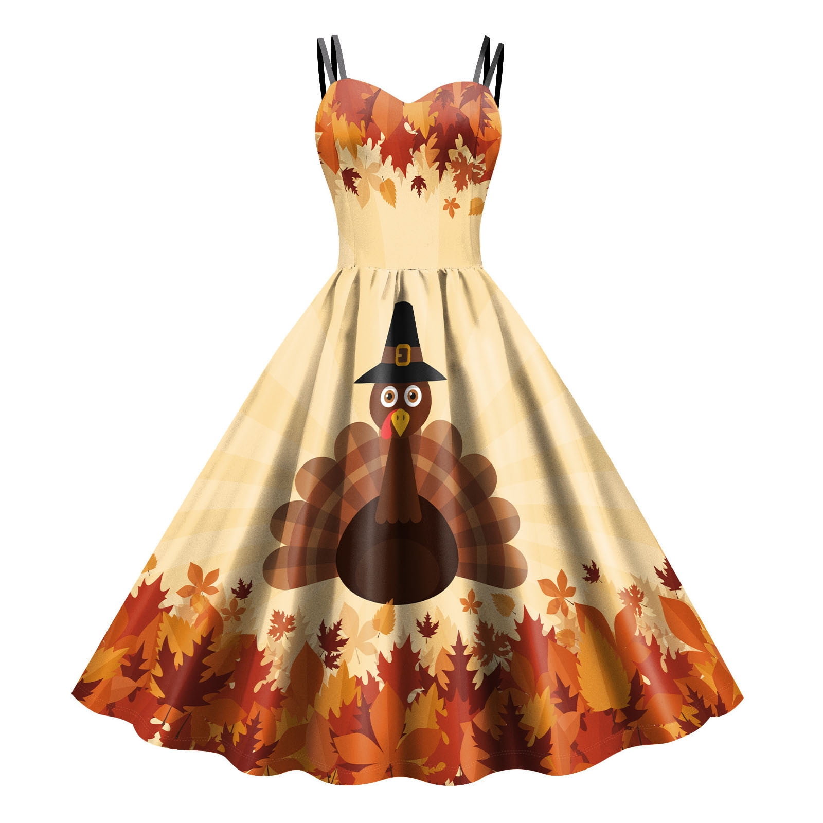KDFJPTH Women's Thanksgiving Turkey And Pumpkin Print Halterneck Dress ...