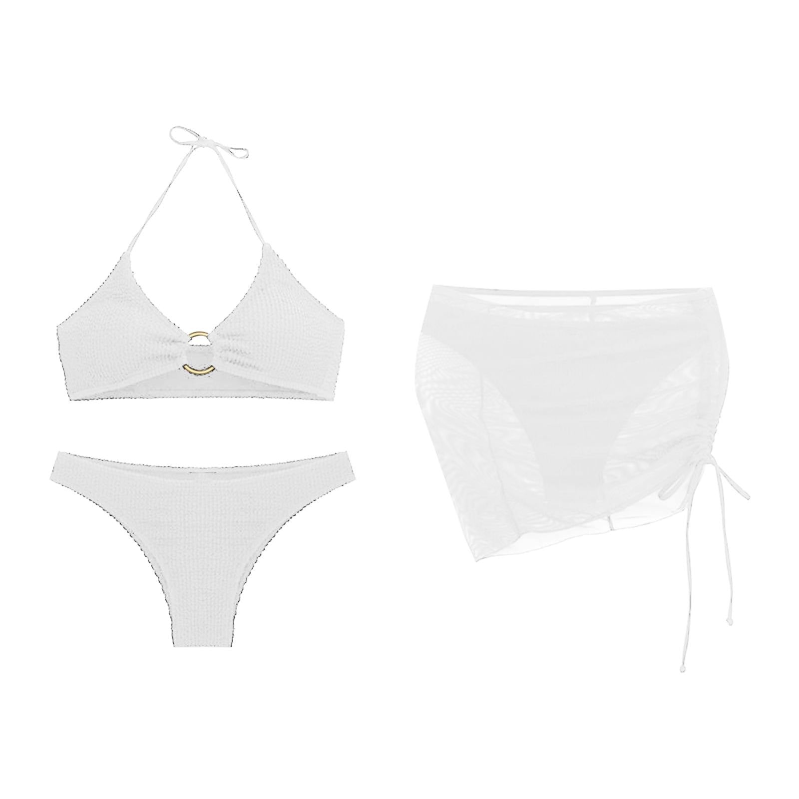 Kdfjpth Womens Swimsuits 3 Piece Bathing Suits Halter Ring Bikini Set With Cover Up Skirt