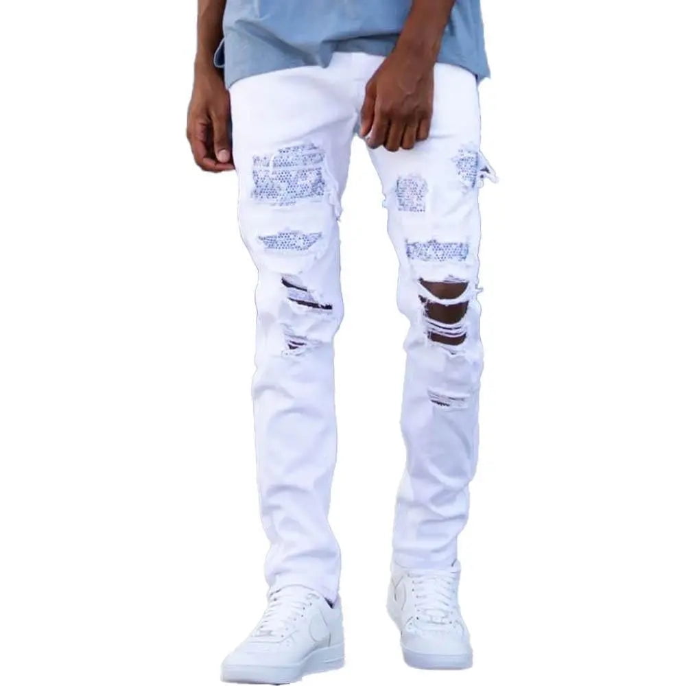 KDNK Men Multi Rhinestone Patched Twill Pants (White) - Walmart.com