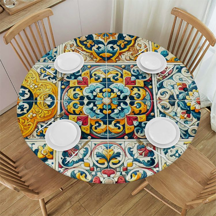 KDSADK Round Tablecloth Fitted Table Cover with Elastic Edged Mexican ...