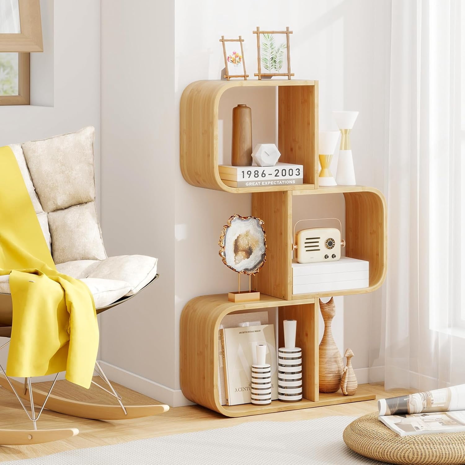 KDYK S Shaped Bookshelf, 3-Tier Geometric Bookcase with 3 Open Cubes ...