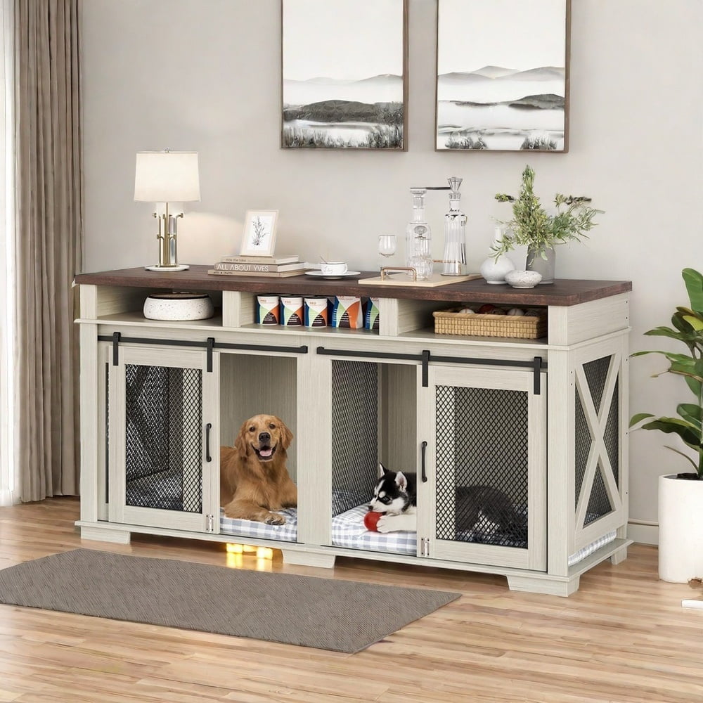 KEAIDO Dog Crate Furniture with Sliding Barn Door, Large Double Dog ...