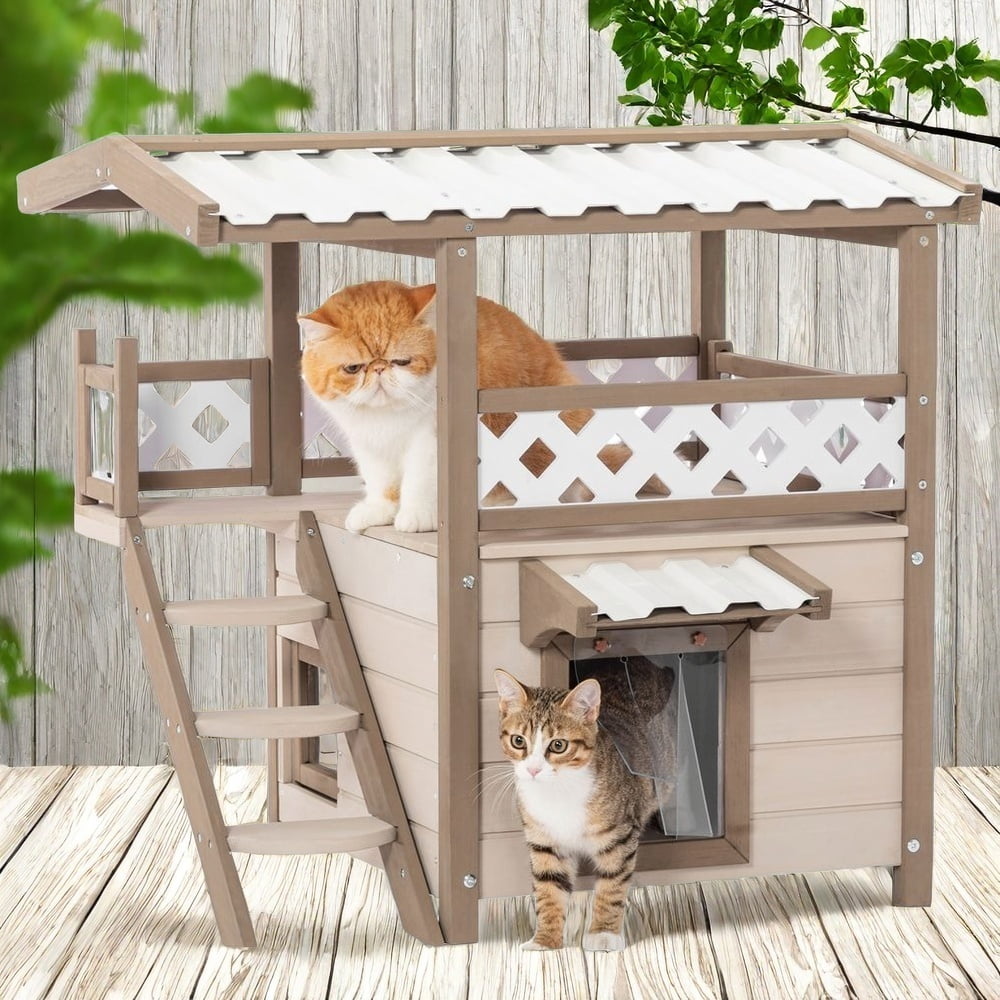 KEAIDO Large Outdoor Cat House, Two Story Wooden Outside Feral Cat ...