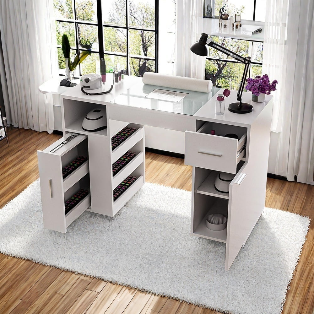 KEAIDO Manicure Table Nail Desk with Glass Top, Acetone Resistant Nail ...