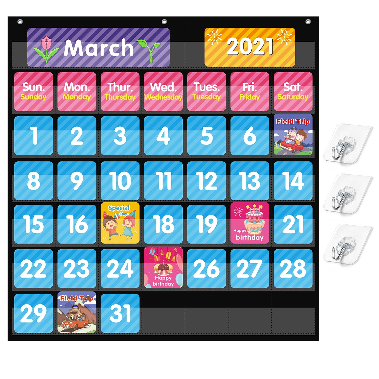 KEEPJOY Black Calendar Pocket Chart for Classroom with Cards and Hooks ...