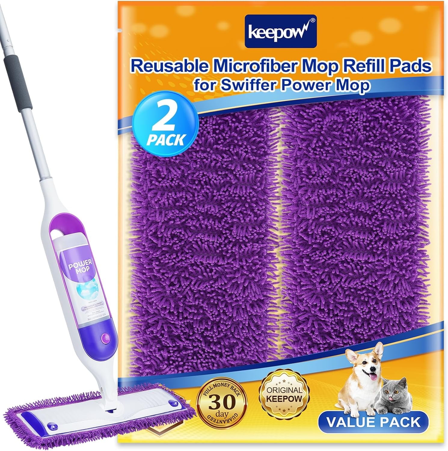 KEEPOW 2 Pack Reusable Power Mop Refill Pads Compatible with Swiffer ...