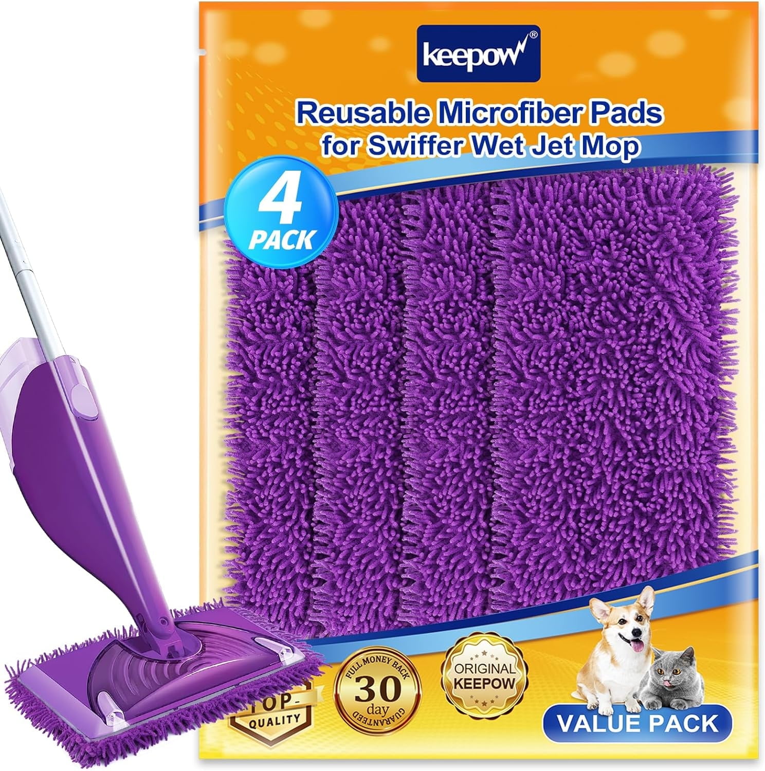 KEEPOW 4 Pack Wet Jet Pads Refills Heavy Duty for Swiffer Wet jet, Reusable Pads for Swiffer Wet ...