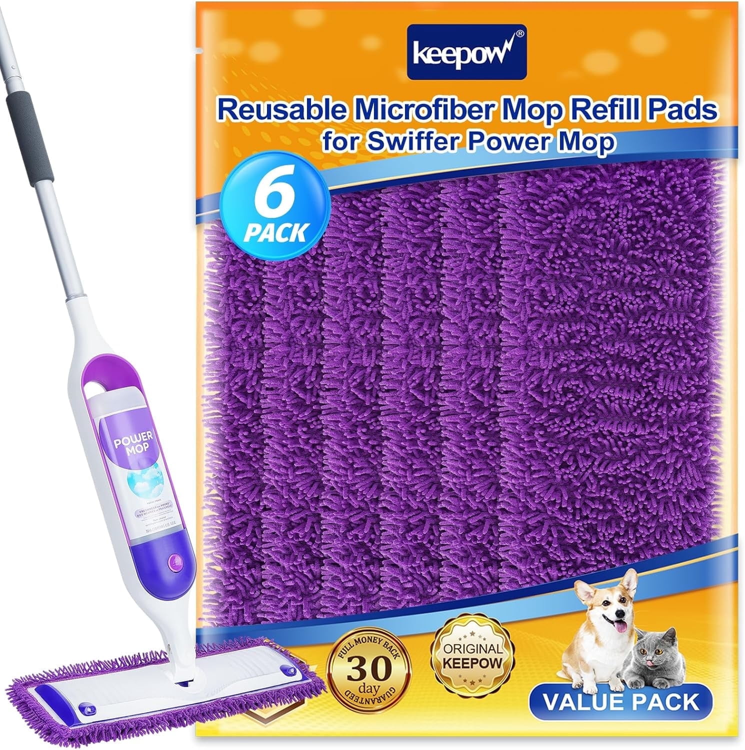 KEEPOW 6 Pack Reusable, Washable Power Mop Pads for Wet/Dry, Wood Floor ...