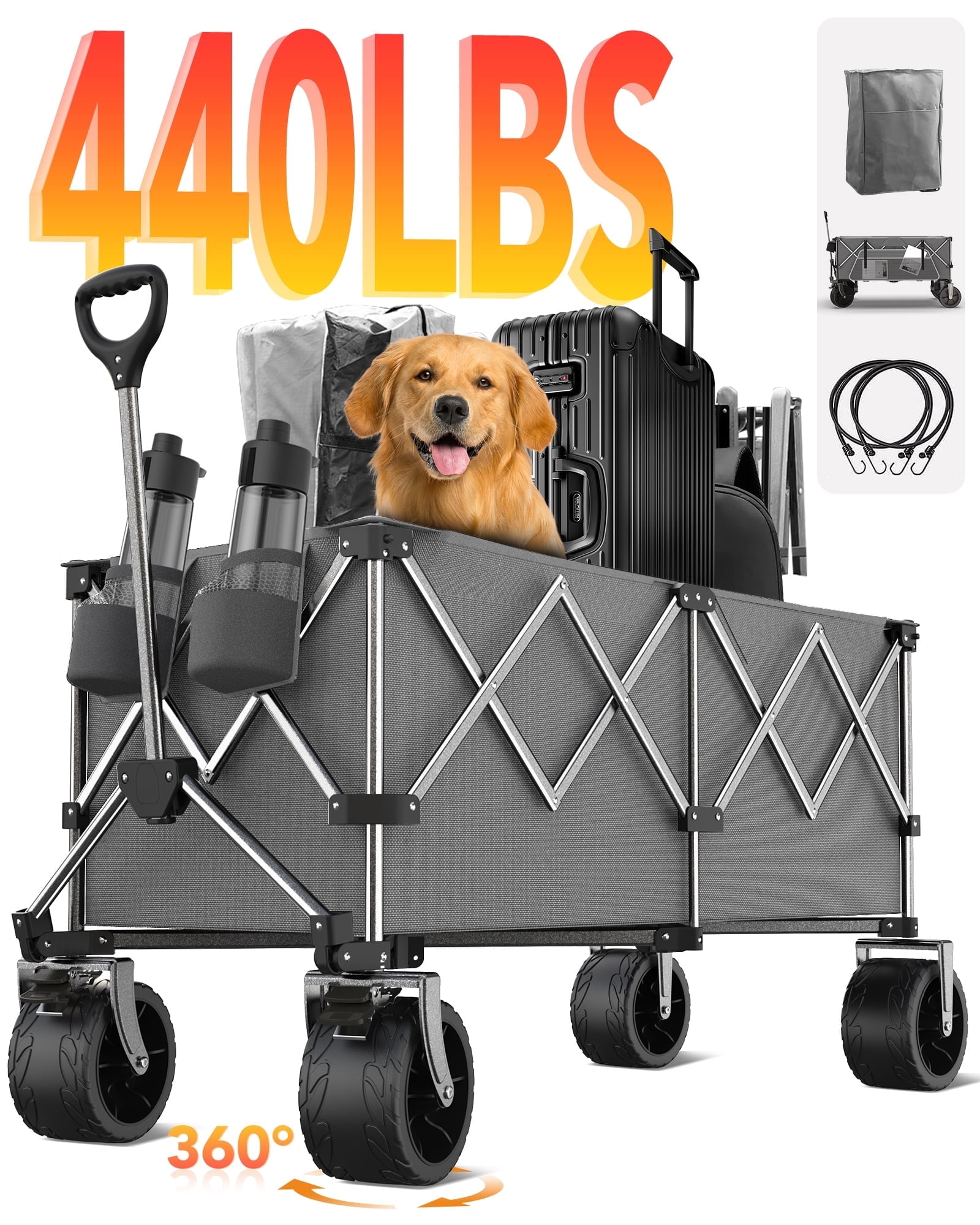 KEESTP Collapsible Wagon, 440LBS Heavy Duty Wagon Carts Foldable with ...