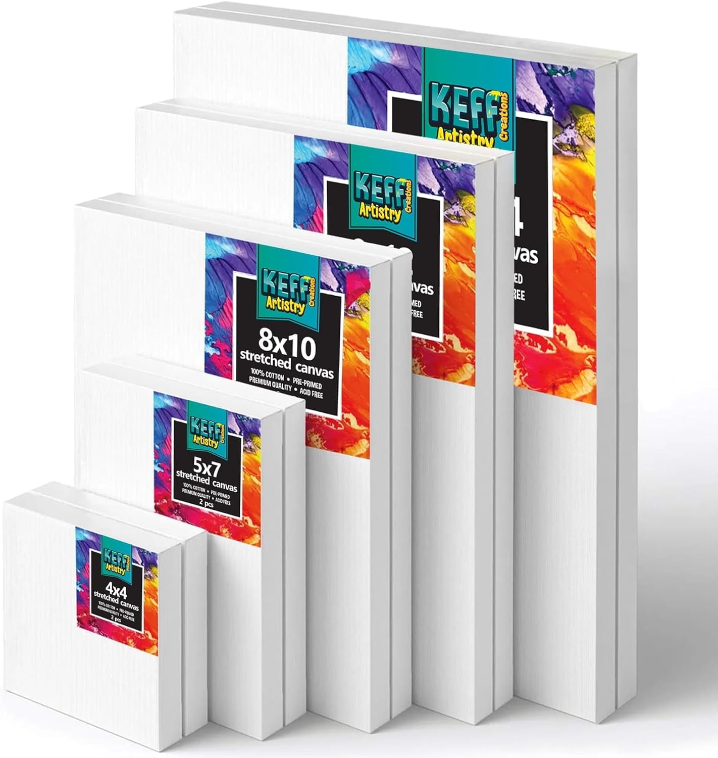 KEFF Stretched Canvas for Painting - 10-Pack - 2 of Each 4x4, 5x7, 8x10 ...