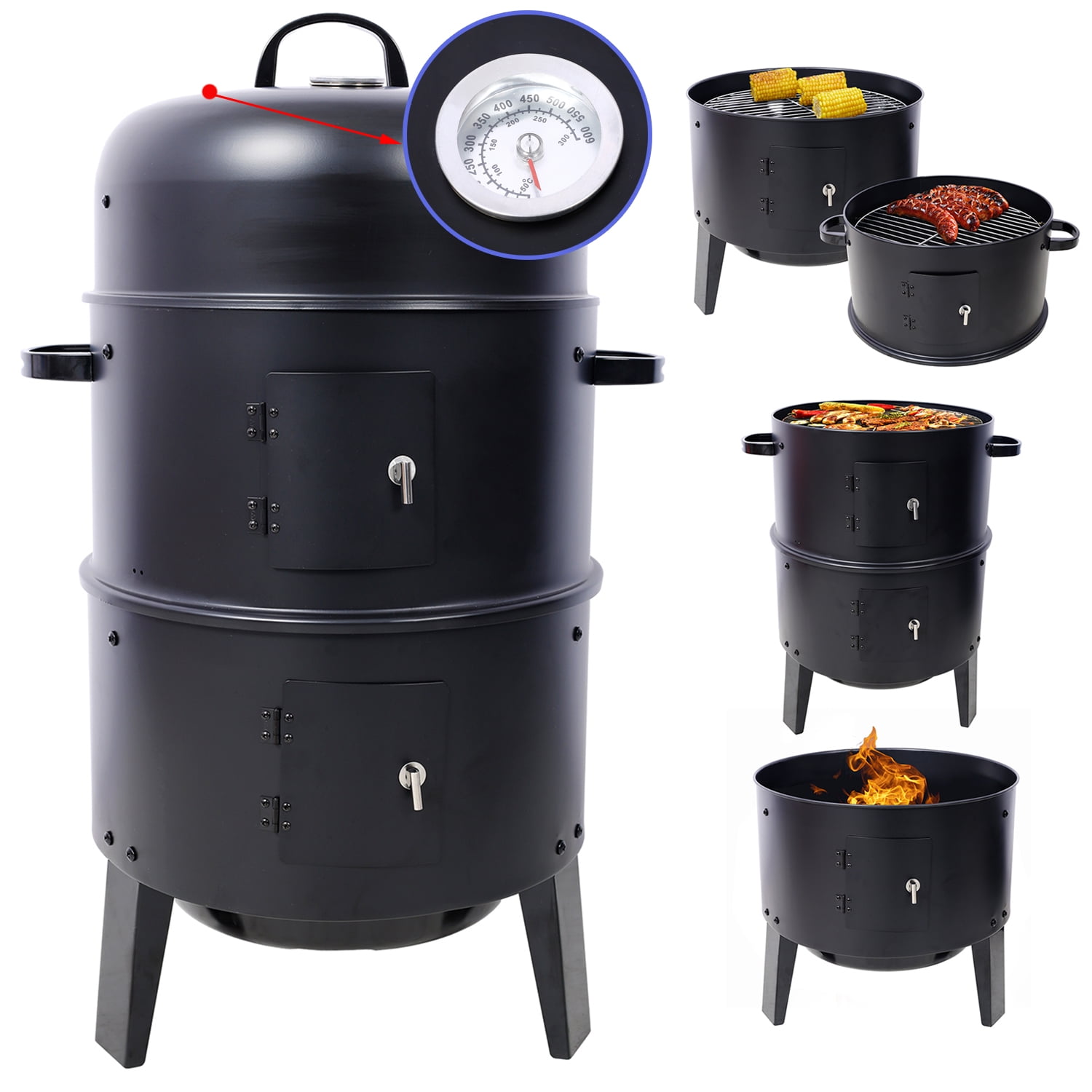 KEHOMY 16" Steel Charcoal Smoker, Built-In Thermometer 3-Layer ...