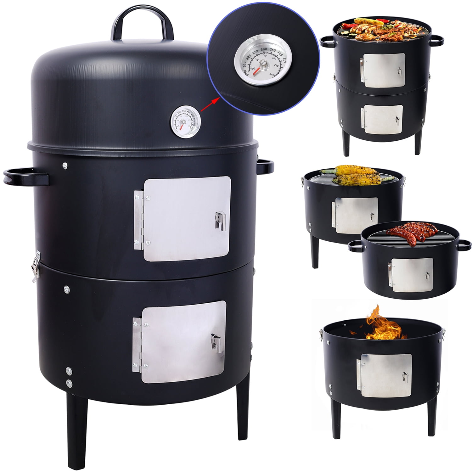 KEHOMY 17" Steel Charcoal Smoker, Built-In Thermometer 3-Layer ...