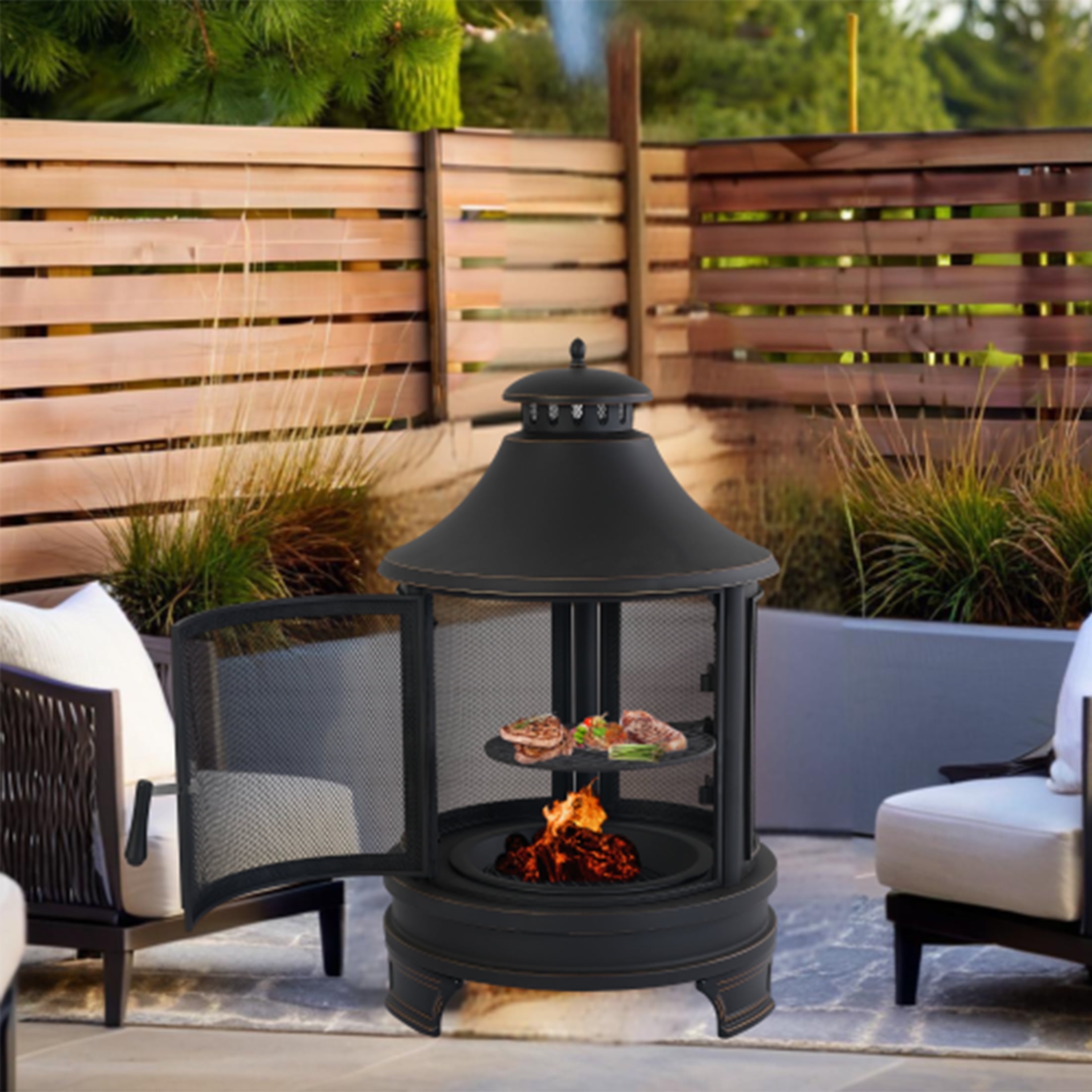 KEHOMY 49" 2 in 1 Outdoor Fire Pit with Grill, Metal Chiminea, Wood ...