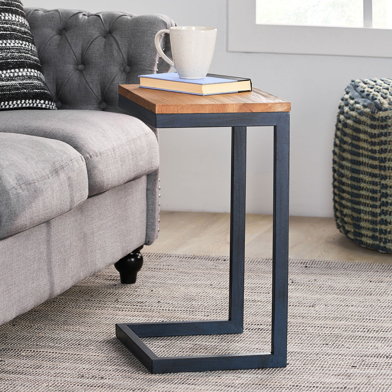 KEHOMY C-ShapedRectangular Side Table, Fir Top + Black and Blue Antique Iron Base, 15.5"L x 11. ...