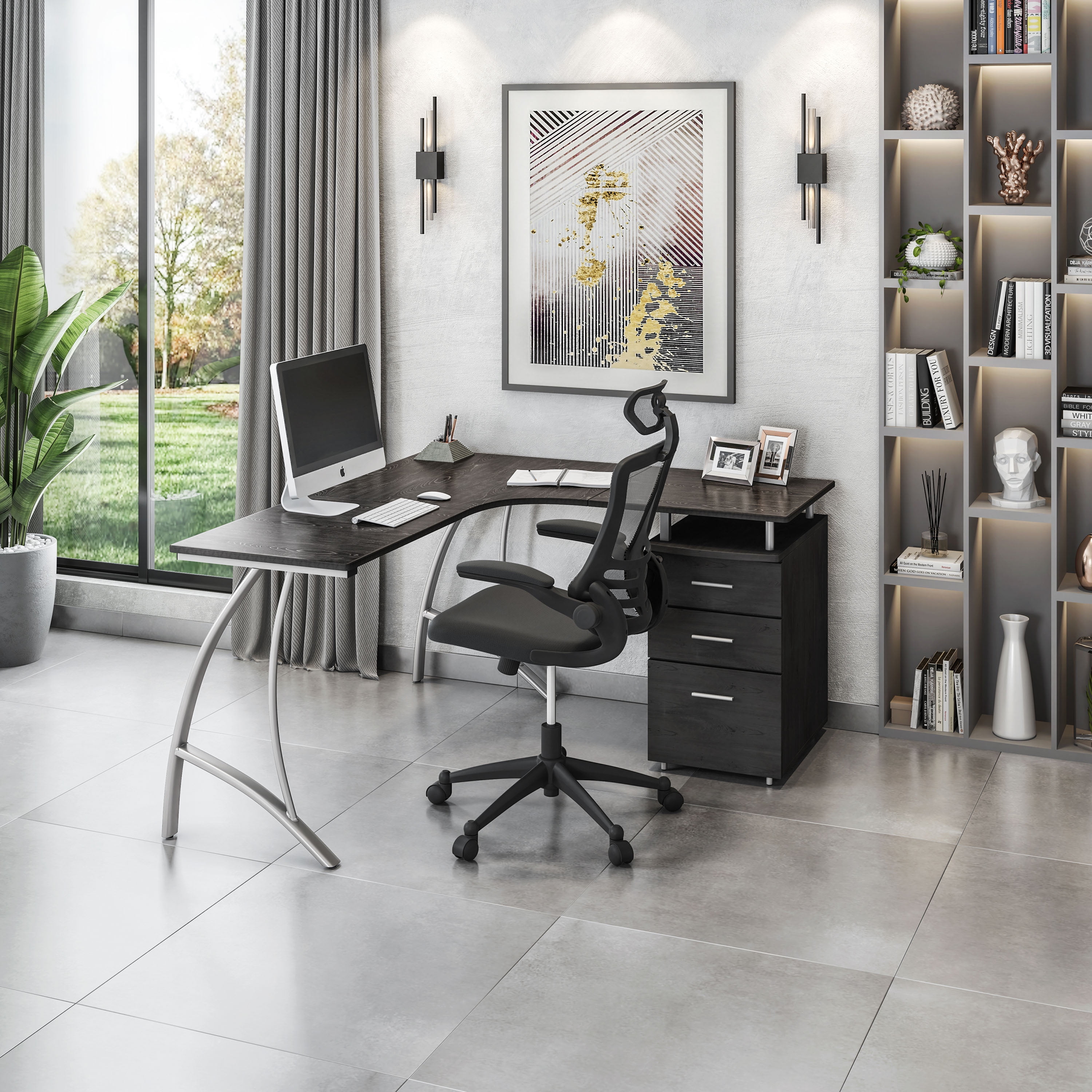 KEHOMY Modern L- Shaped Computer Desk with File Cabinet and Storage ...