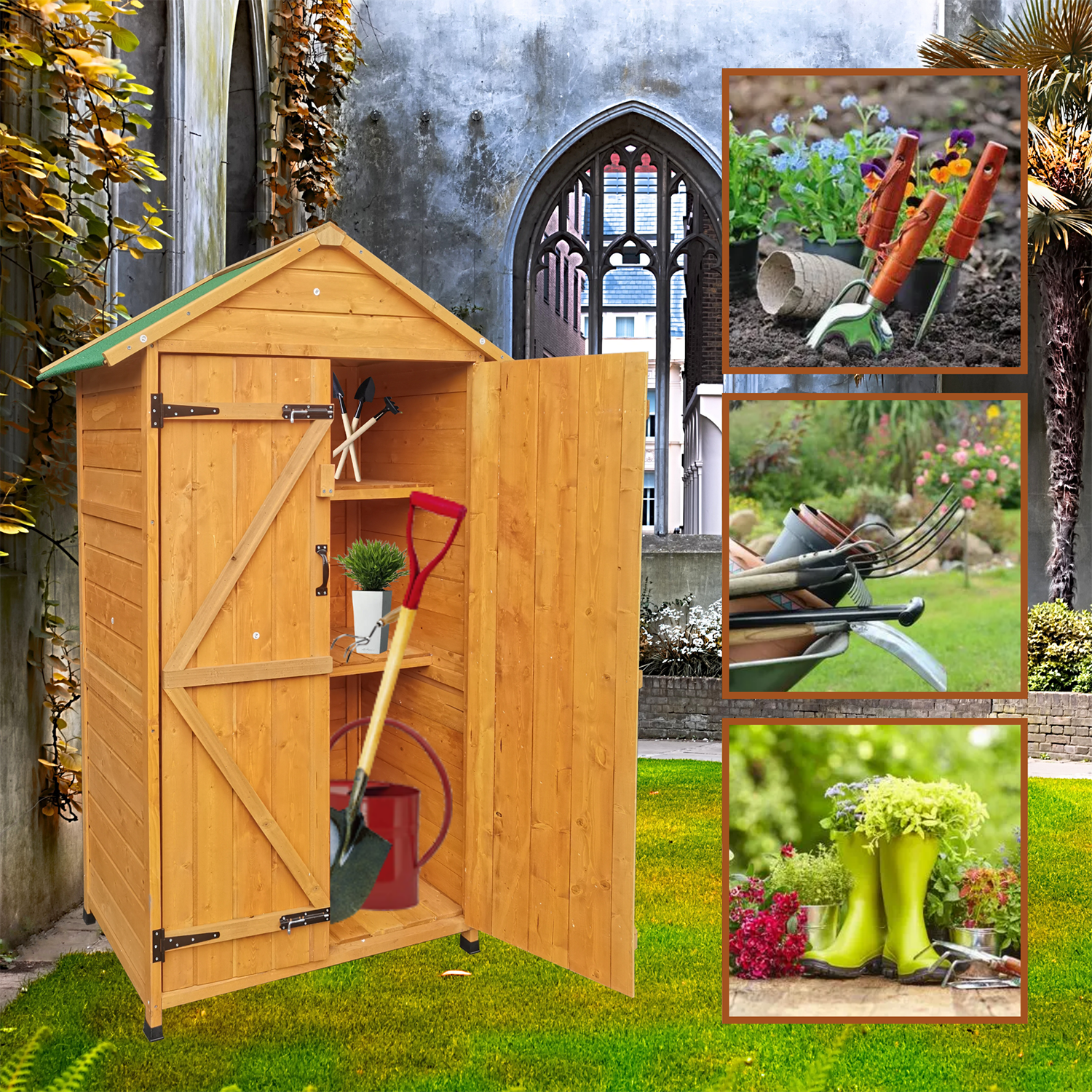 KEHOMY Outdoor Storage Shed with 4 Removeable Shelves, Wooden Garden ...