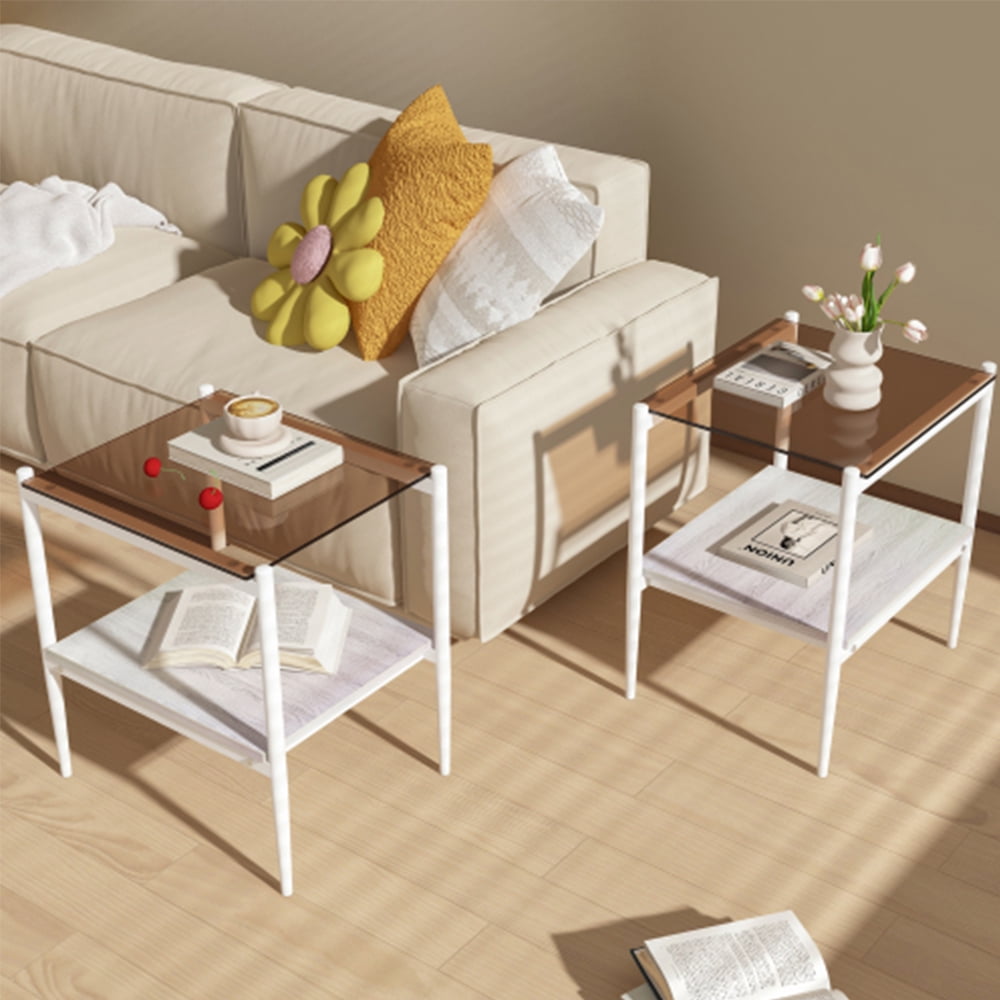 KEHOMY Set of 2 Rectangle End Table, Tempered Glass Tabletop with MDF ...