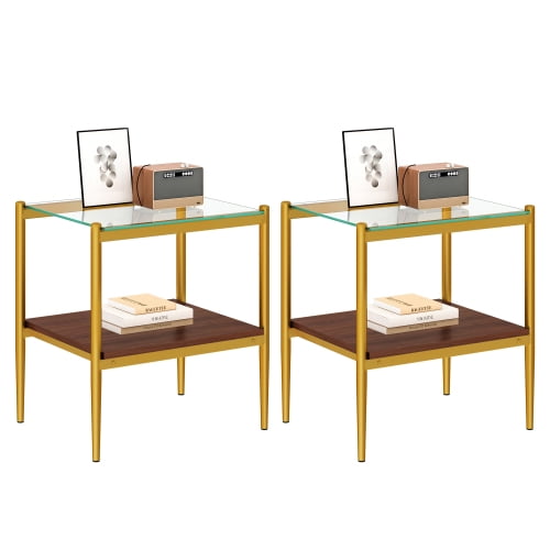 KEHOMY Set of 2 Rectangle End Table, Tempered Glass Tabletop with MDF ...