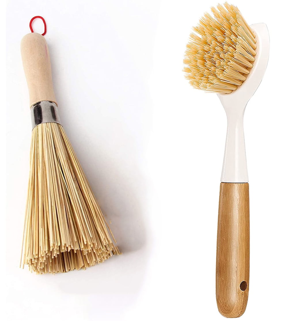 KEINXS 2 Pcs Kitchen Dish Brush Bamboo Handle Dish Scrubber Built-in ...