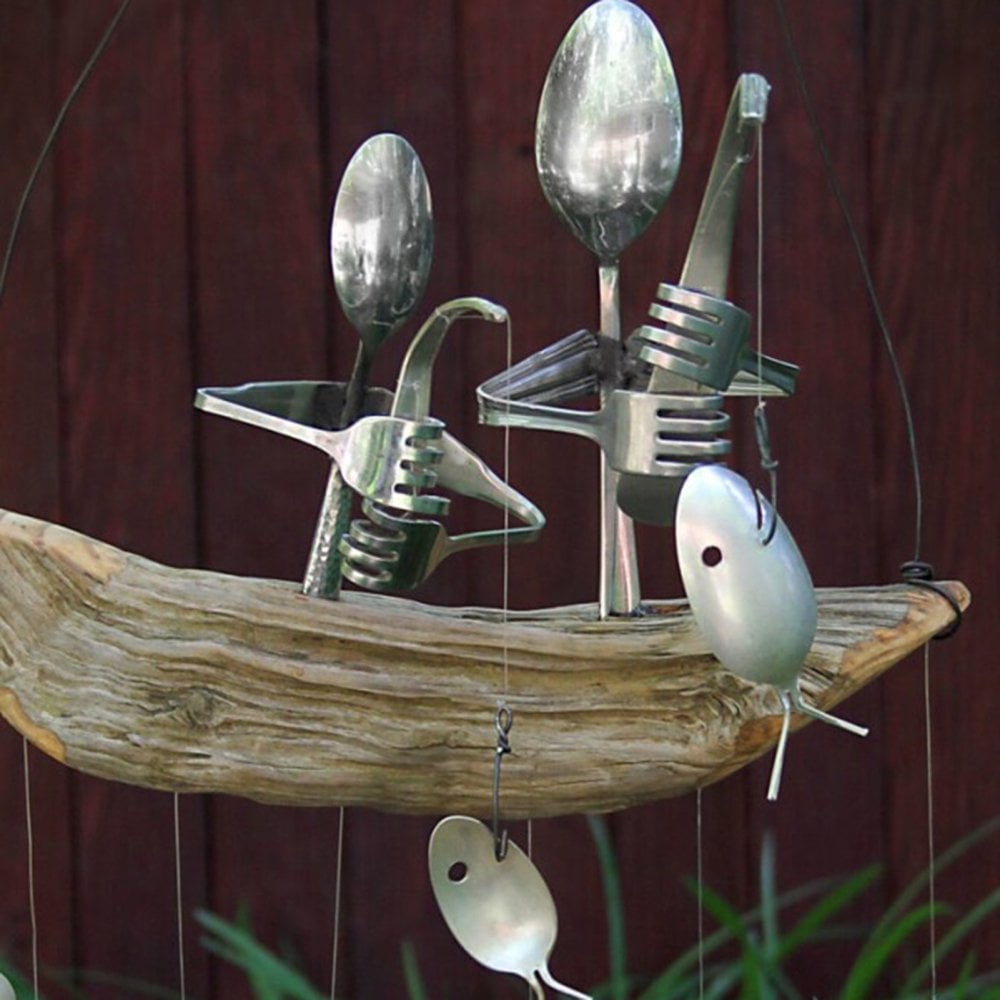 KEINXS Fishing Man Spoon Fish Sculptures Wind Chime Indoor Outdoor ...