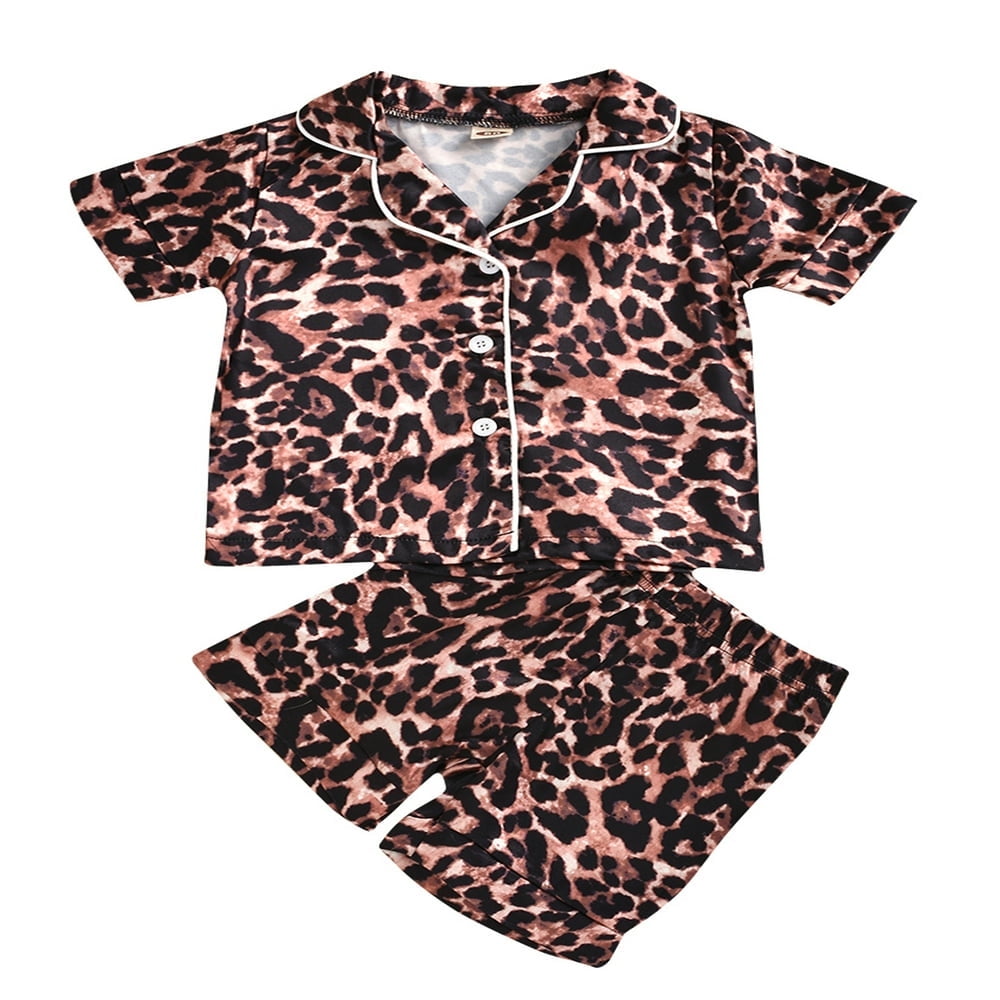KEINXS Kid Pajamas Set Leopard Print Long Short Sleeve Tops Shorts ...