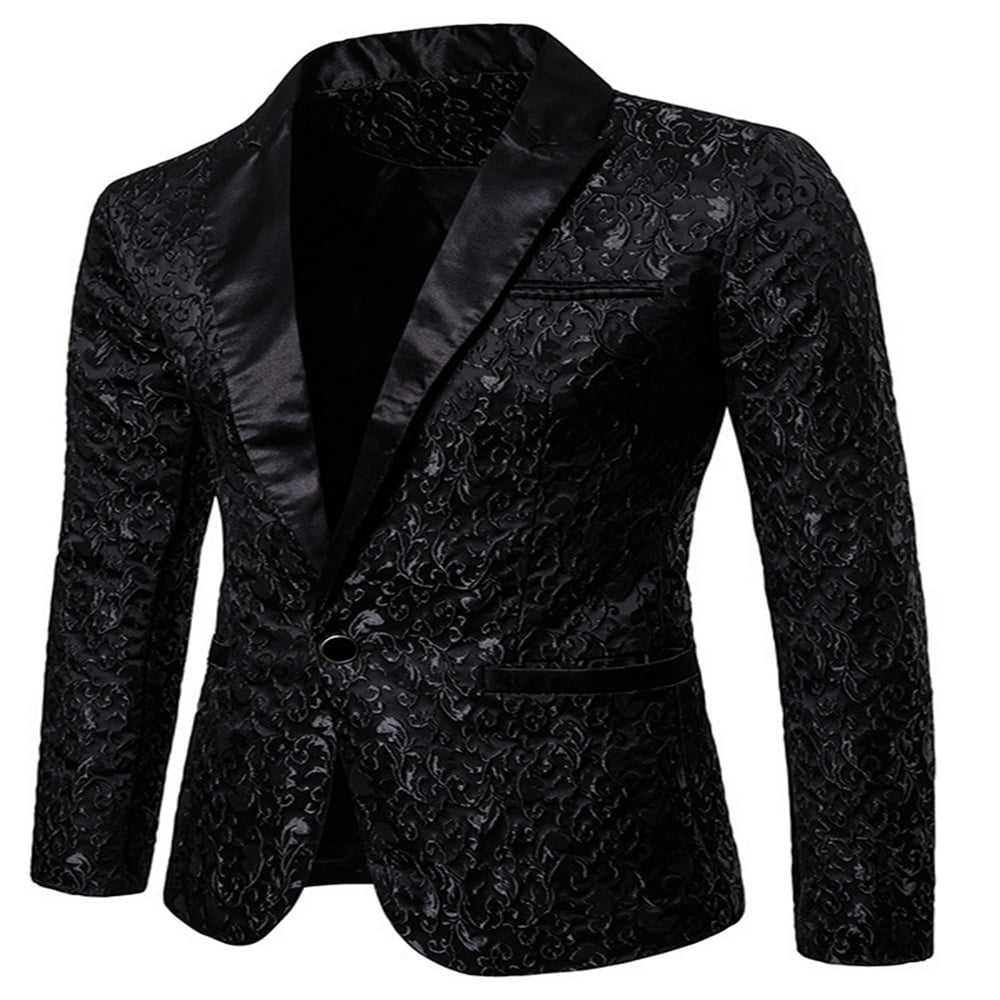 KEINXS Male Gold Jacquard Bronzing Floral Blazer Suit Men Single Button Jacket Wedding Party ...