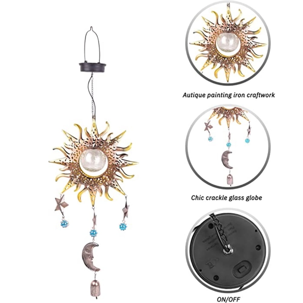 KEINXS Solar Wind Chime Outdoor Warm Light Crackle Glass Ball Sun Star ...