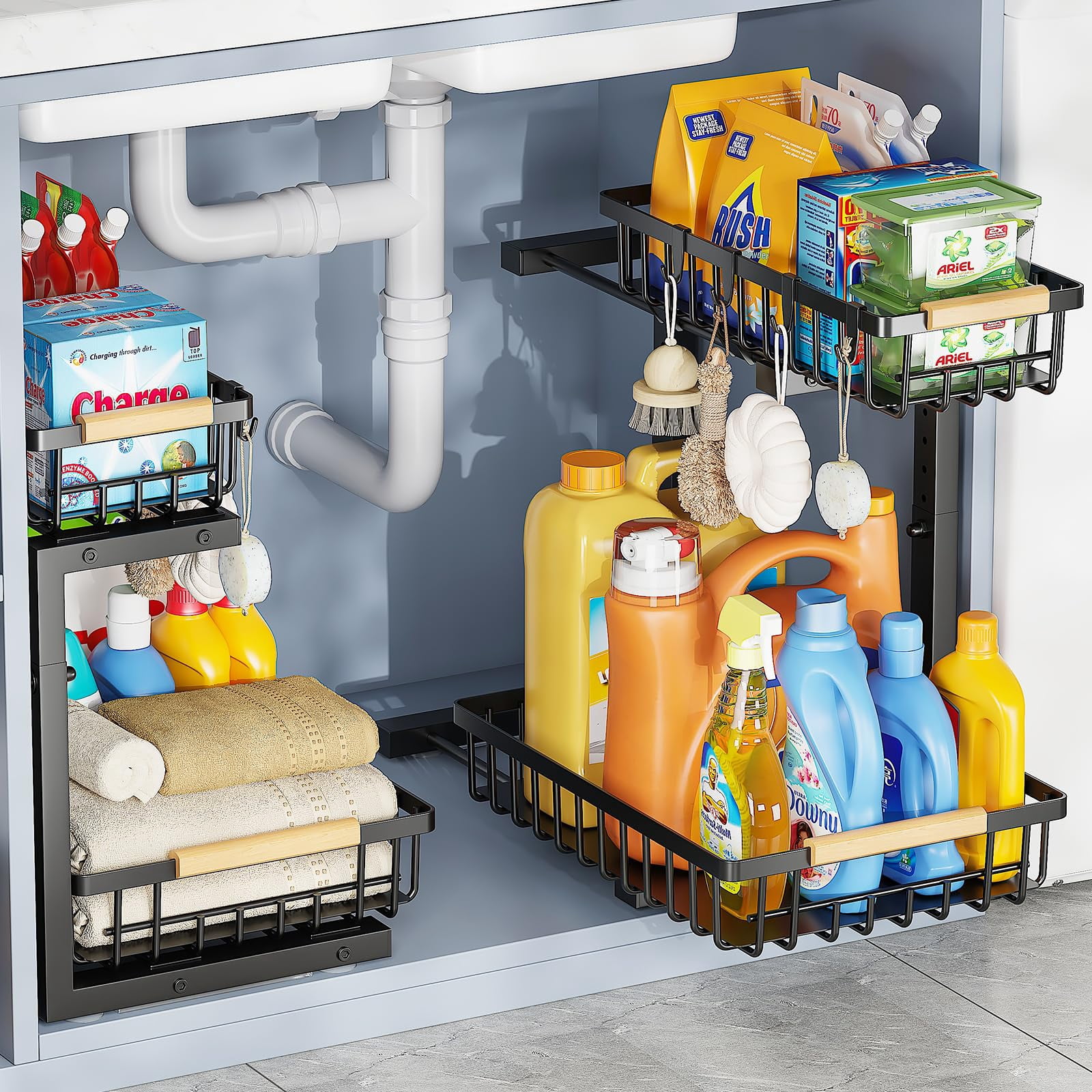 KEKAPE 2 sets of under-sink organisers, 2 level pull-out design, height adjustable to suit items ...