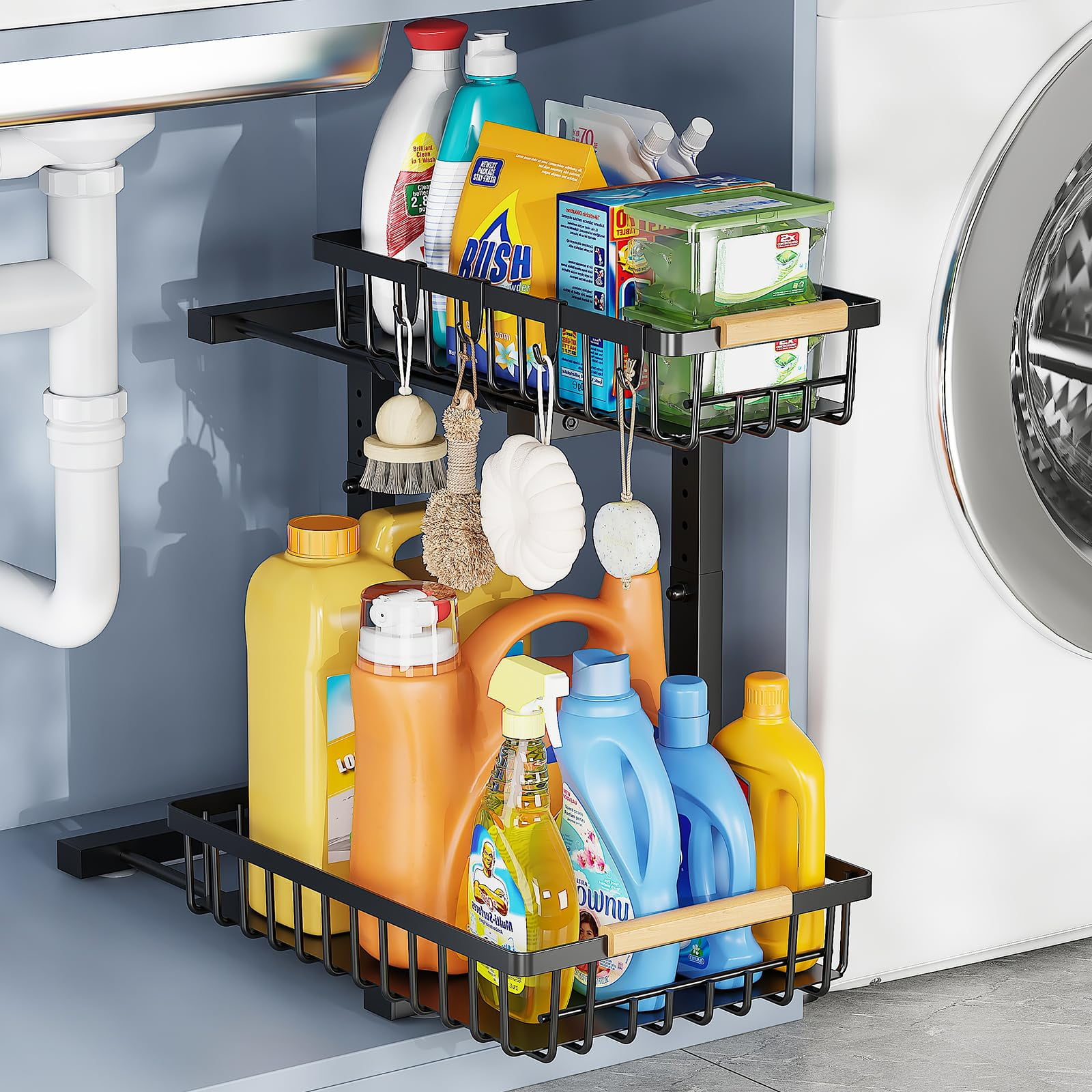 KEKAPE Under-sink organiser, 2 level pull-out design, height adjustable to suit items required ...